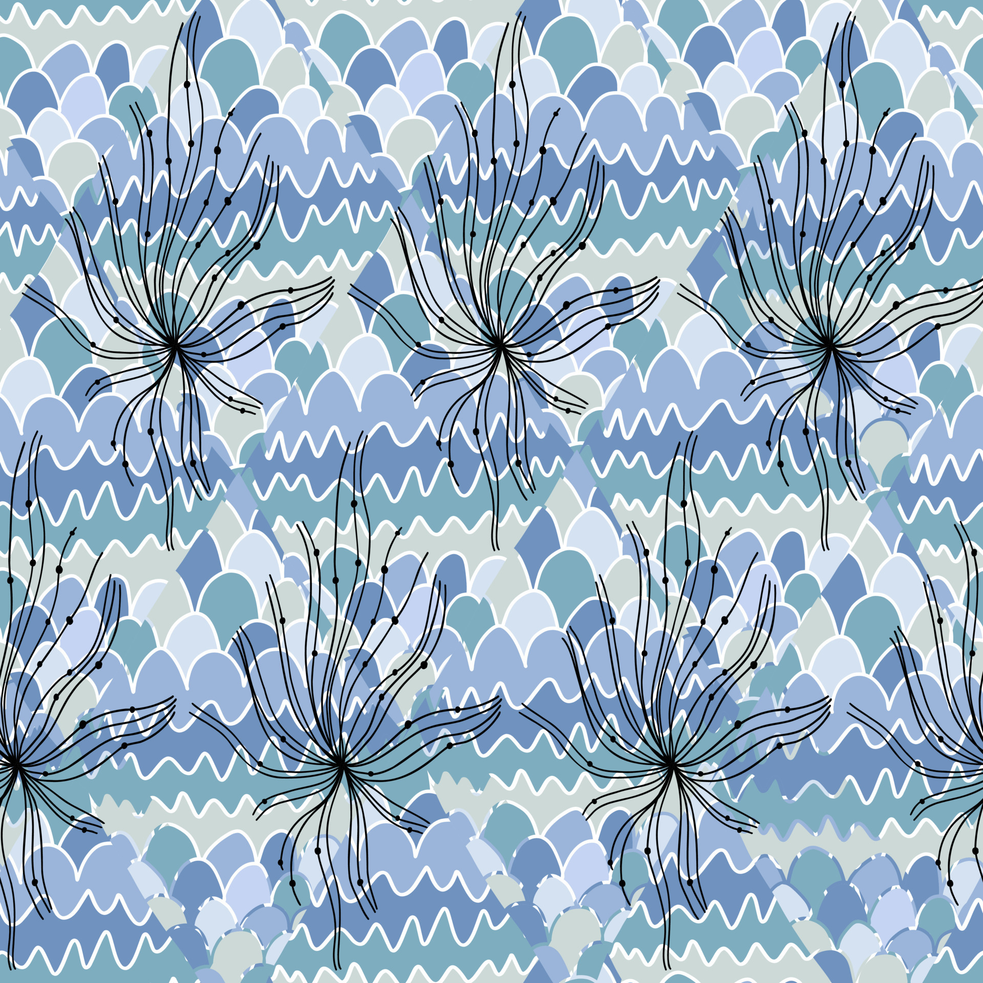 Hand Drawn Black Line Geometric Doodle Abstract Blue Pastel Seamless Wallpaper Cute Vector Sea