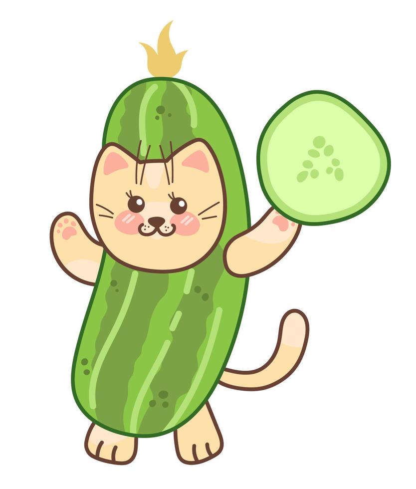 Cute Kitten In A Cucumber Costume Kawaii Character Cat Vector Illustration On White Background