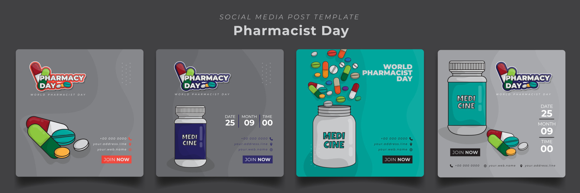 Social media post with medicines design in gray and green background for pharmacist campaign ...