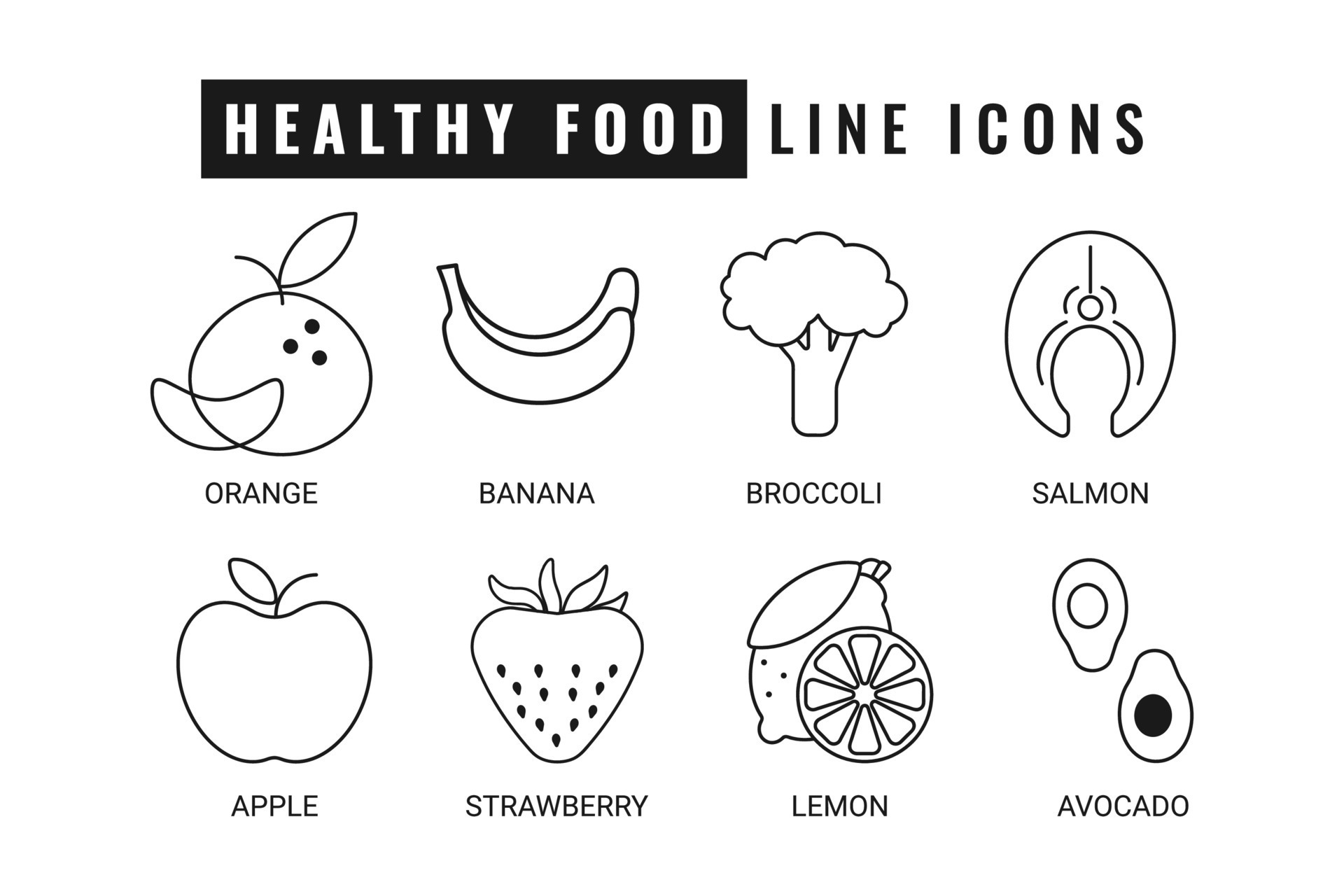 Black Healthy Food Line Icons On White Background Isolated Outline Elements For Your Design