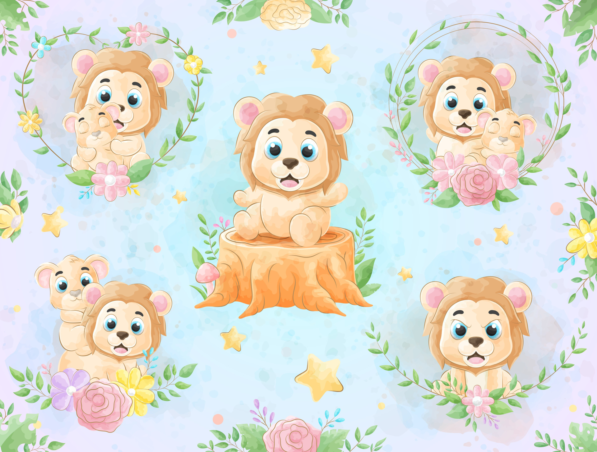 Cute little Lion with watercolor illustration set 10834323 Vector Art ...