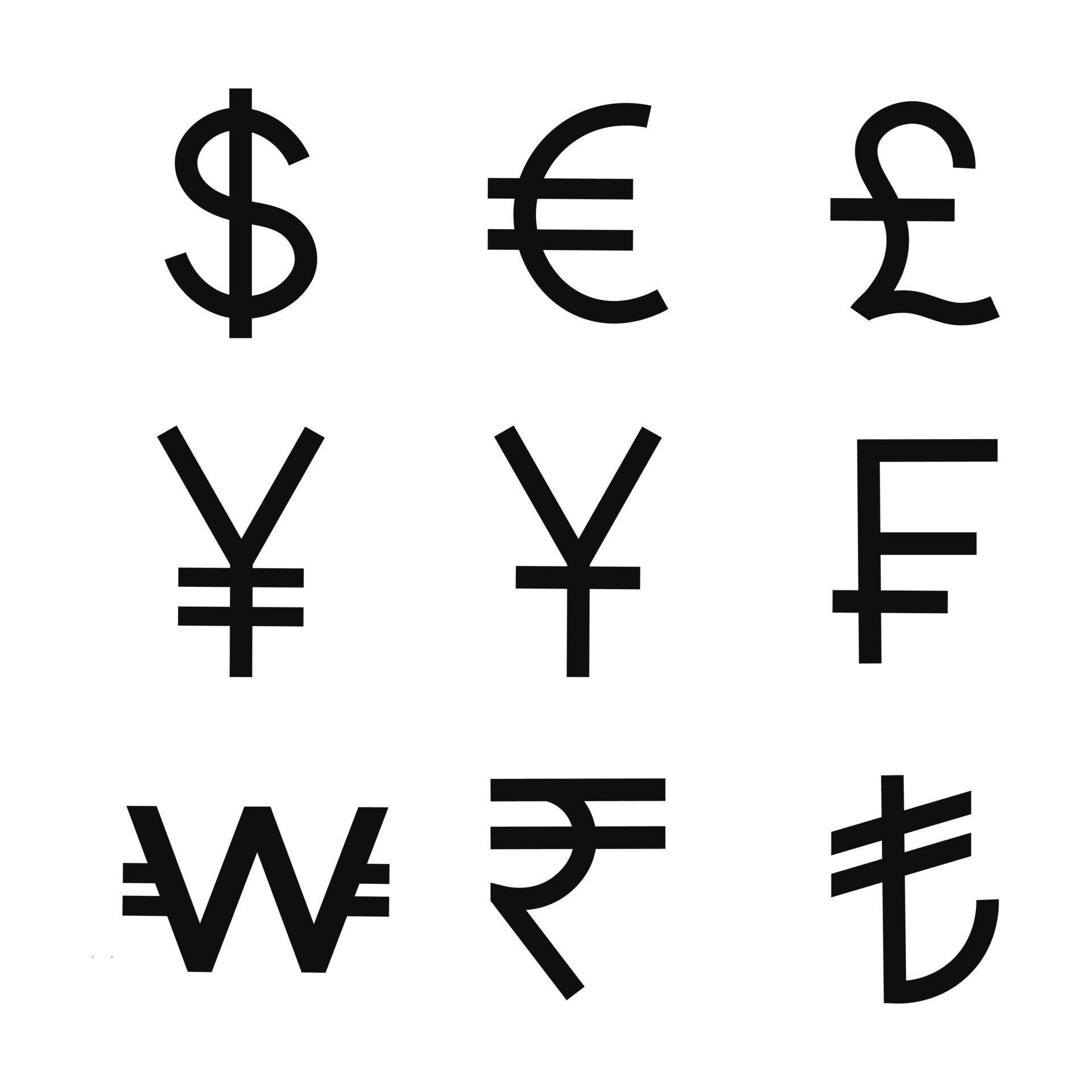 Set of the most popular currency symbol, dollar yuan euro pound yen rupee franc lira. Vector ...