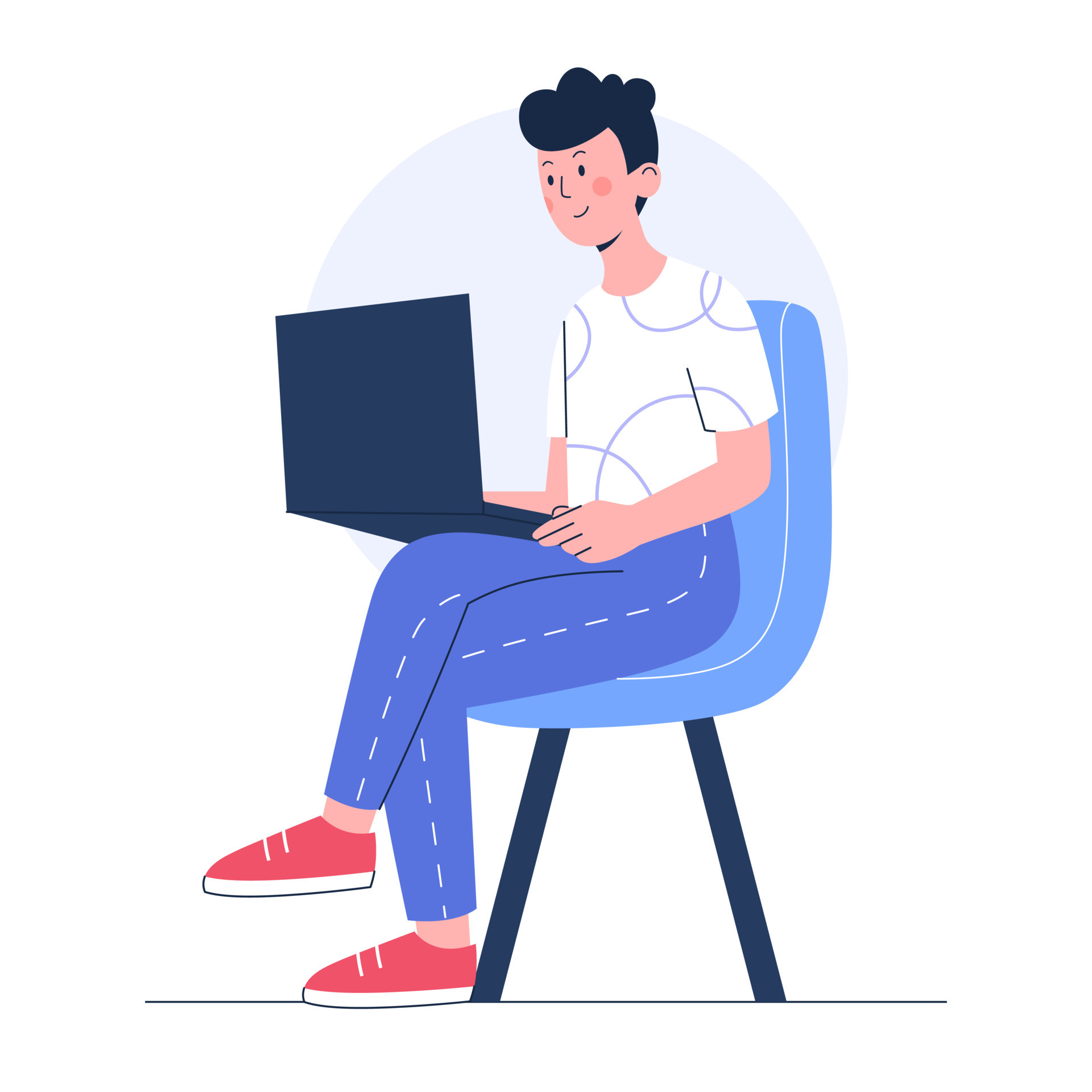 Man with laptop sits on chair. Concept of working, learning. Flat ...