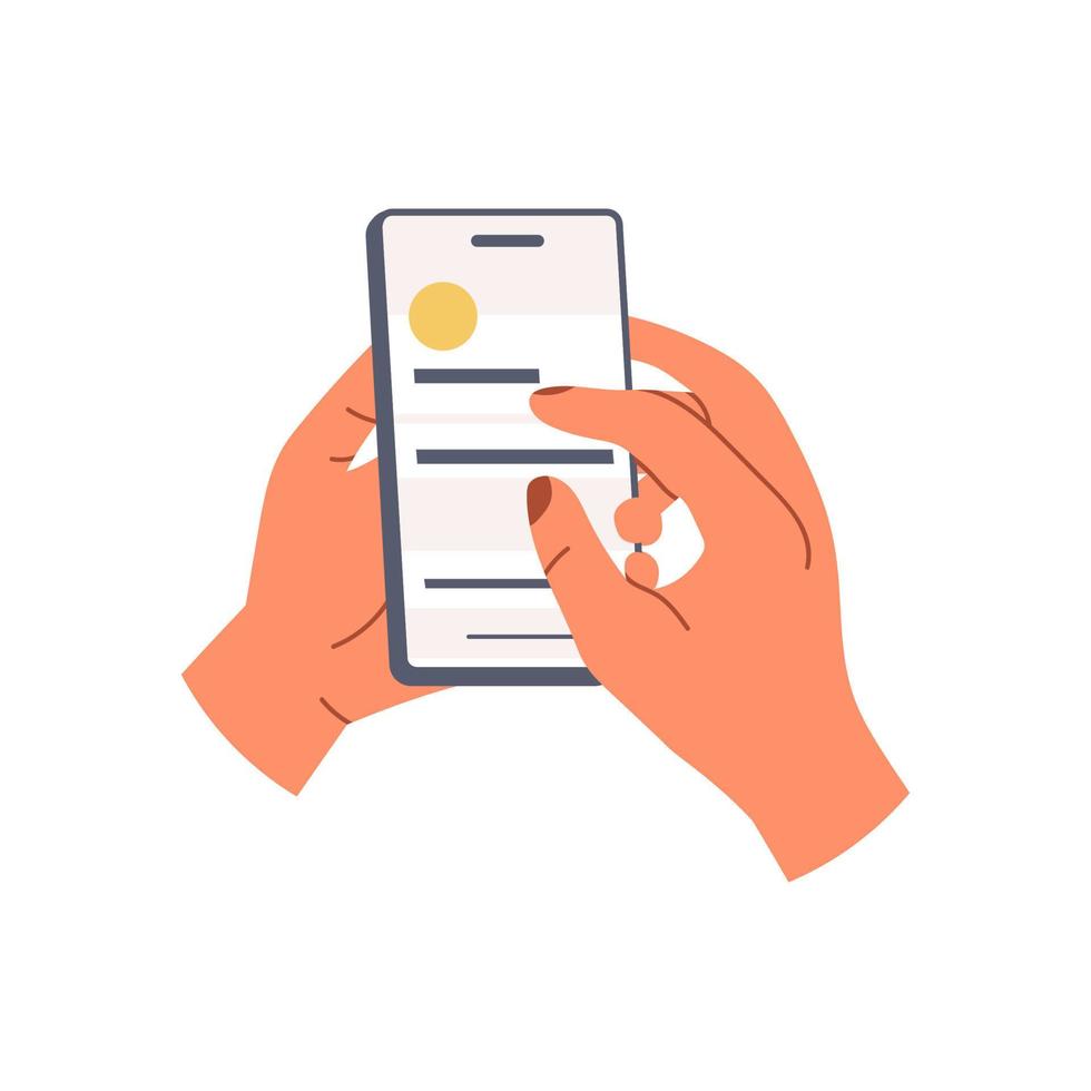 Hand holding phone and scrolling news feed, social network. hand and phone icon. Flat vector ...
