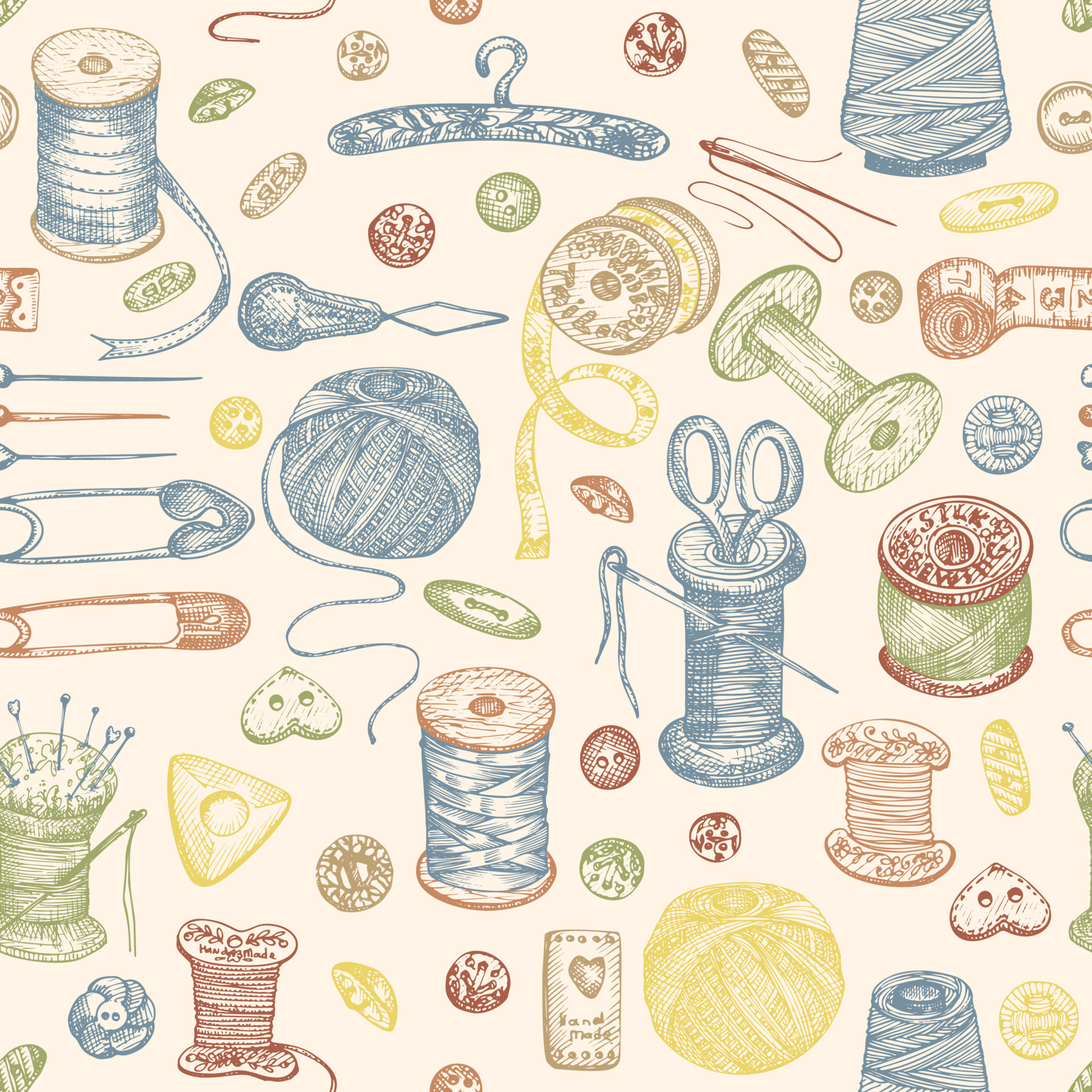 Seamless Pattern With Hand Drawn Vintage Sewing Tools Buttons Threads