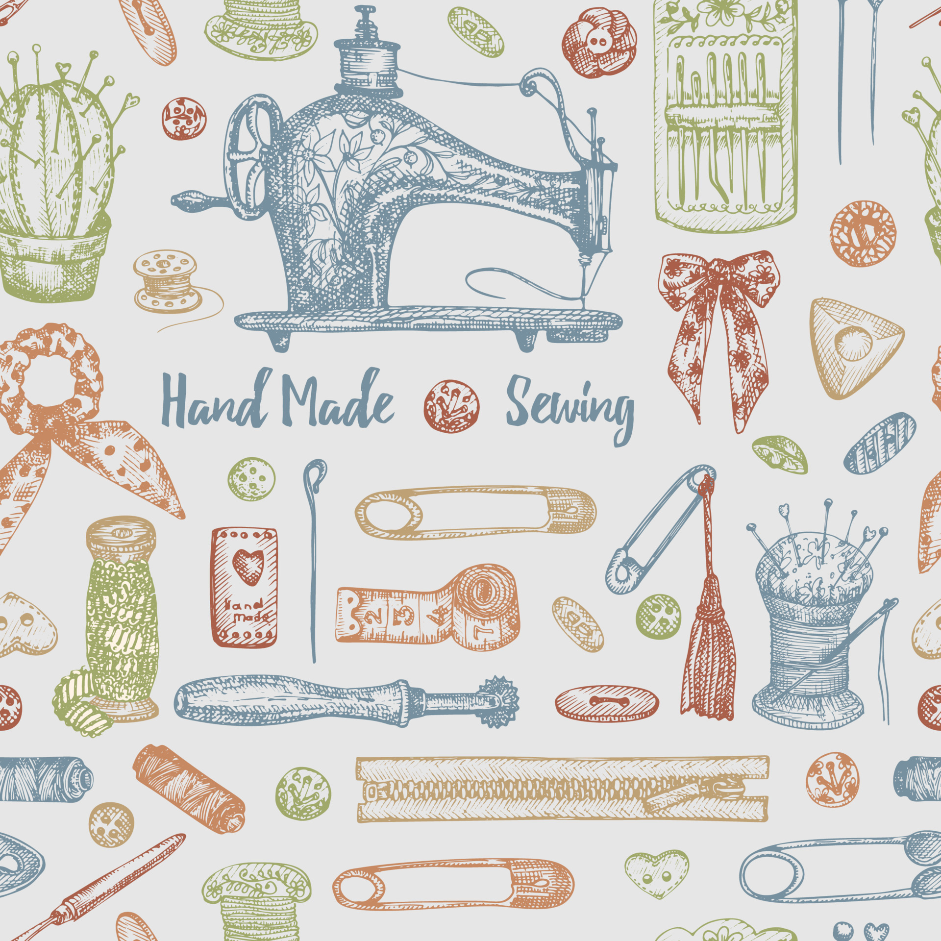 Seamless Pattern With Hand Drawn Vintage Sewing Tools Scissors