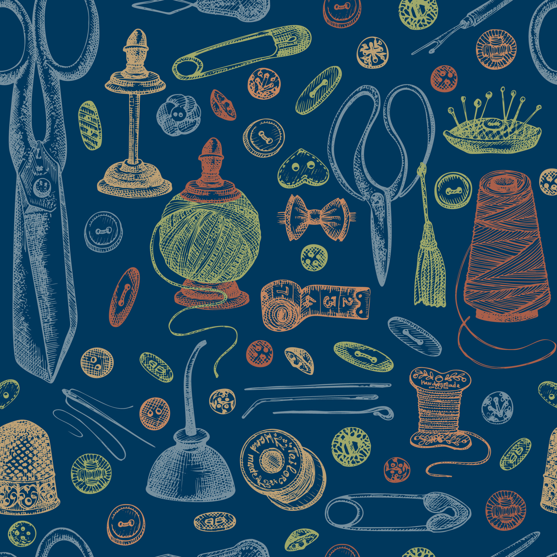 Seamless pattern with hand-drawn vintage sewing tools. Scissors, buttons, threads, needles, pins ...