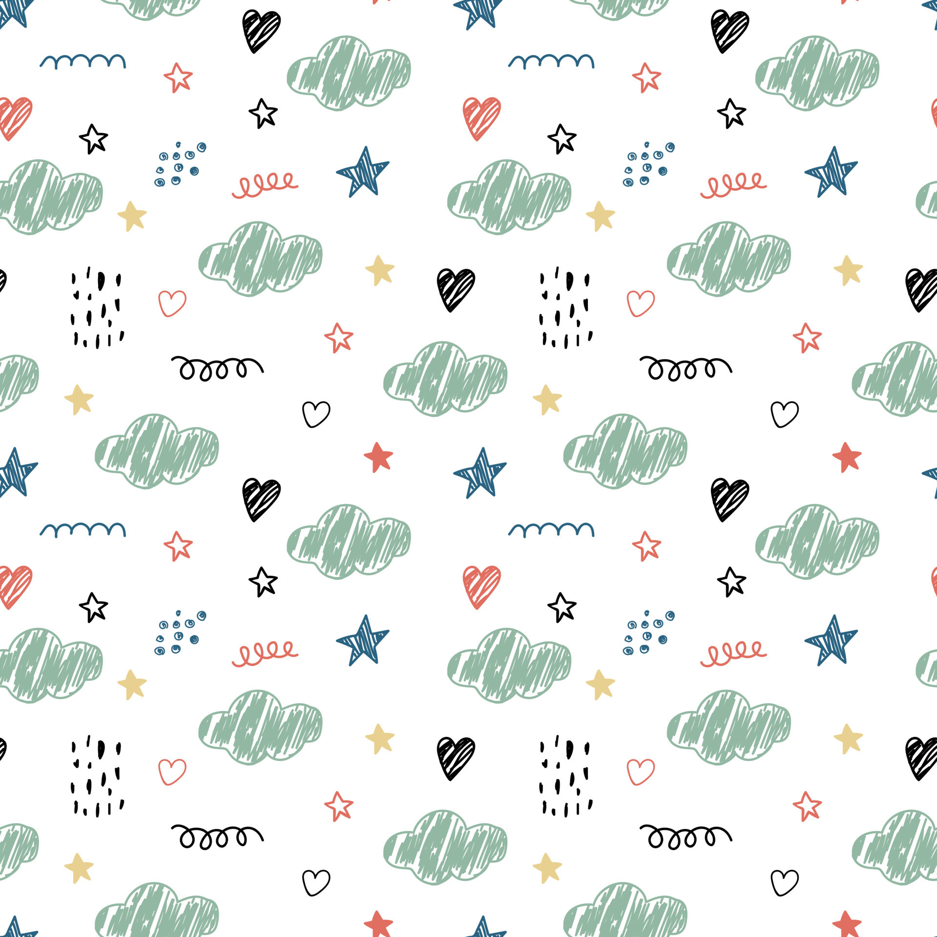 Cute kids seamless pattern with childish simple doodles of clouds stars ...