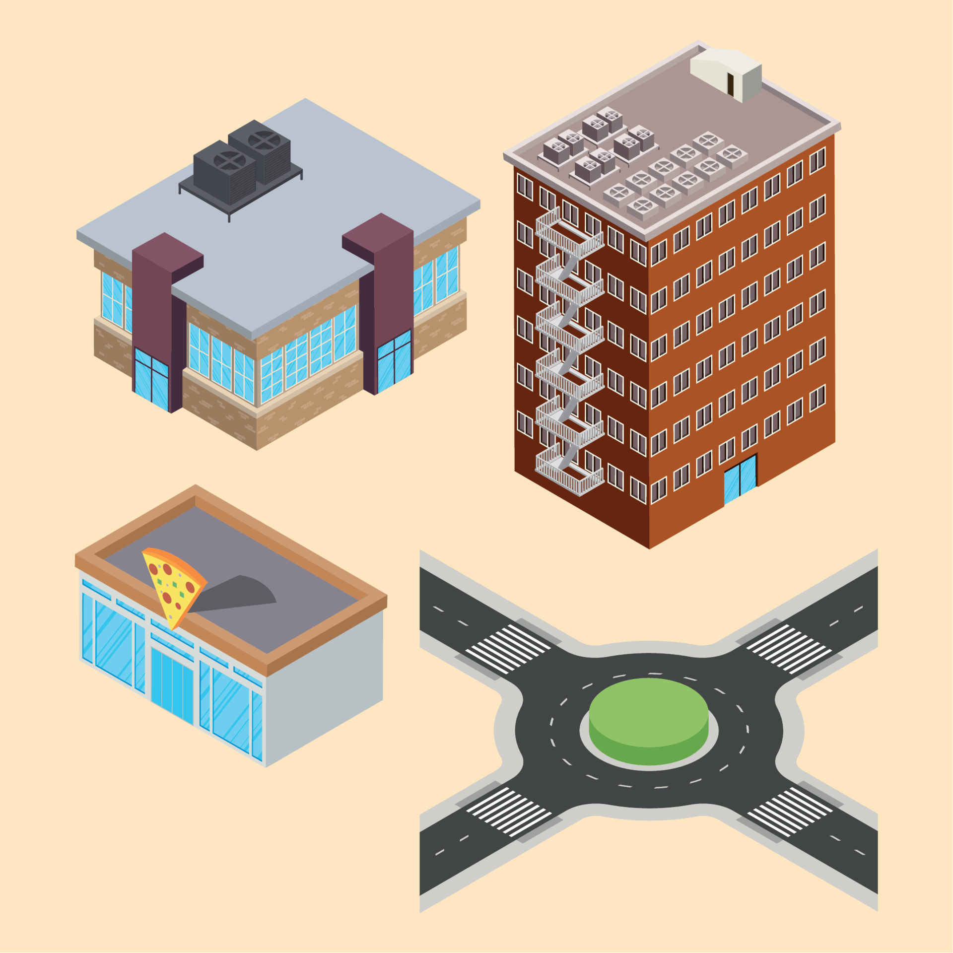 four isometric buildings icons 10849853 Vector Art at Vecteezy