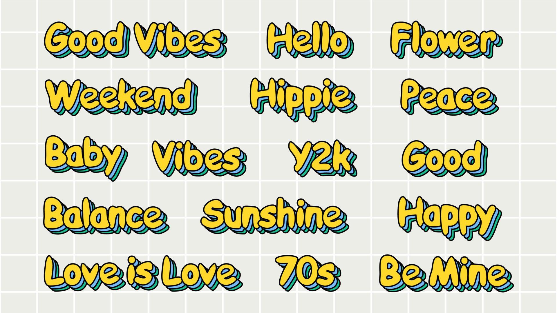 Set of hipster retro cool slogans and phrases. A collection of groovy word stickers with a 70s ...