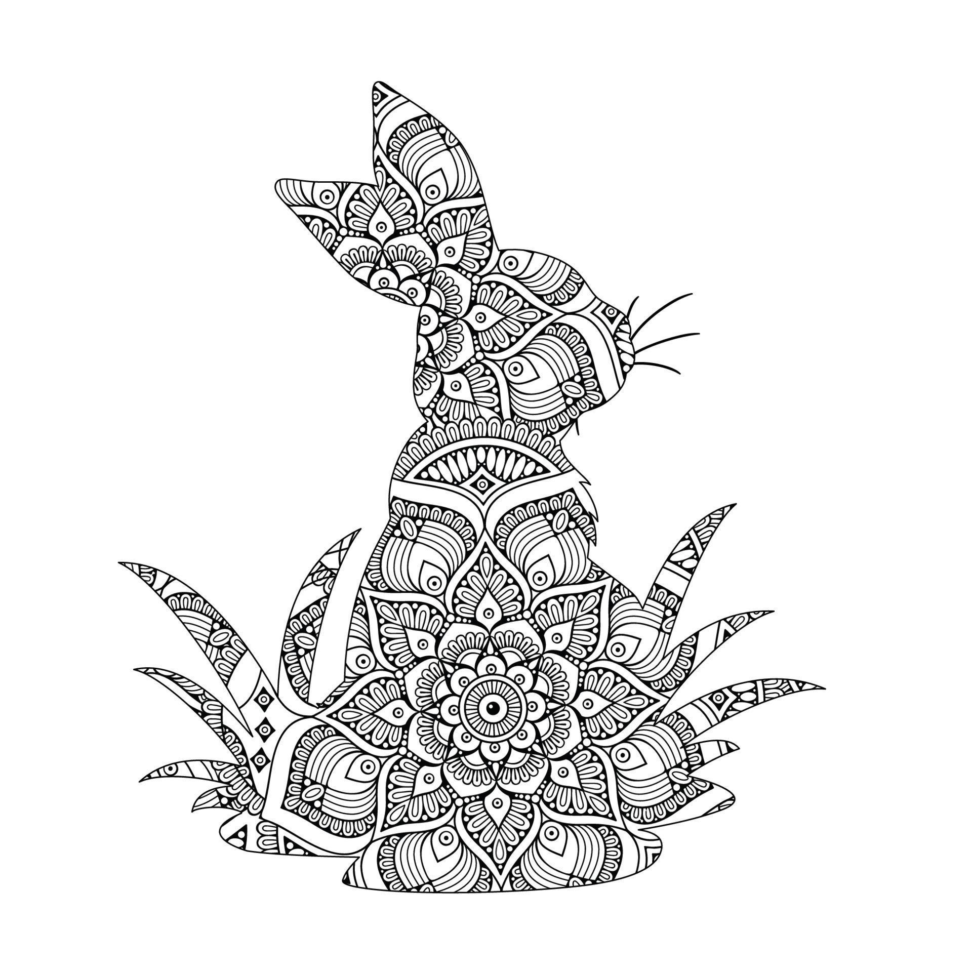 Rabbit mandala coloring page for kids and adults, animal mandala vector ...