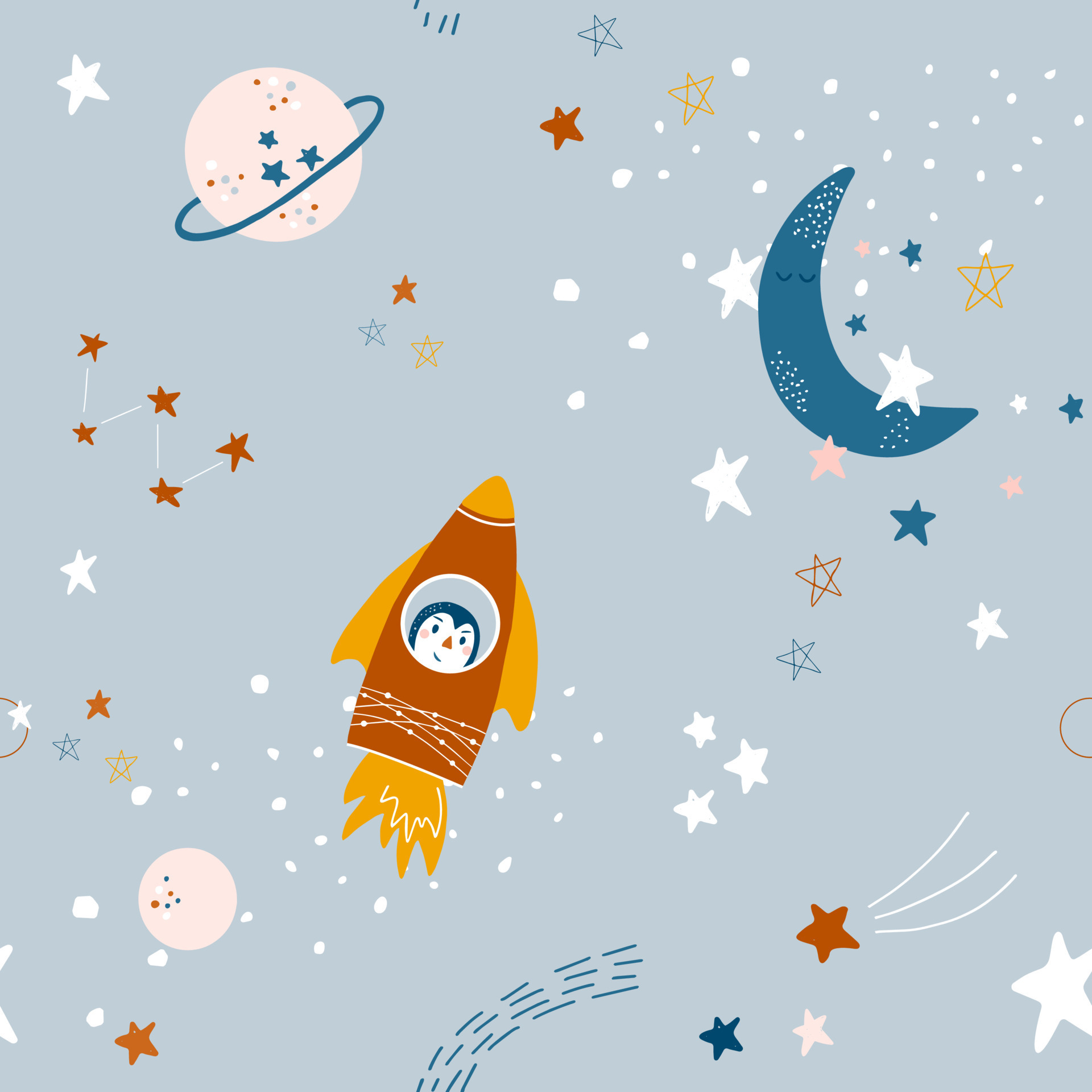 Cute seamless pattern with rockets, stars, moon and planets. Vector ...