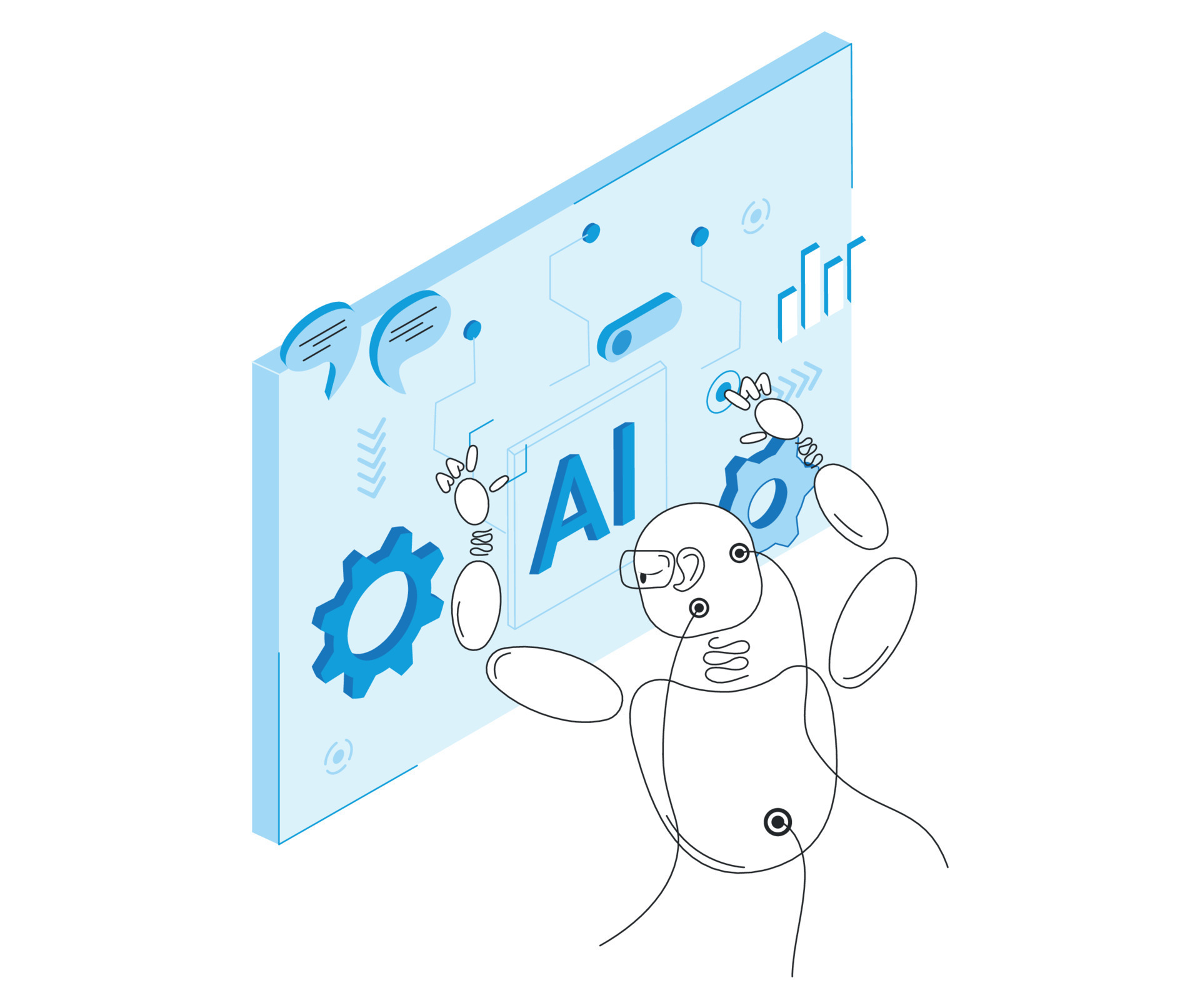 The robot analyzing big data using tablet screen. Artificial ...