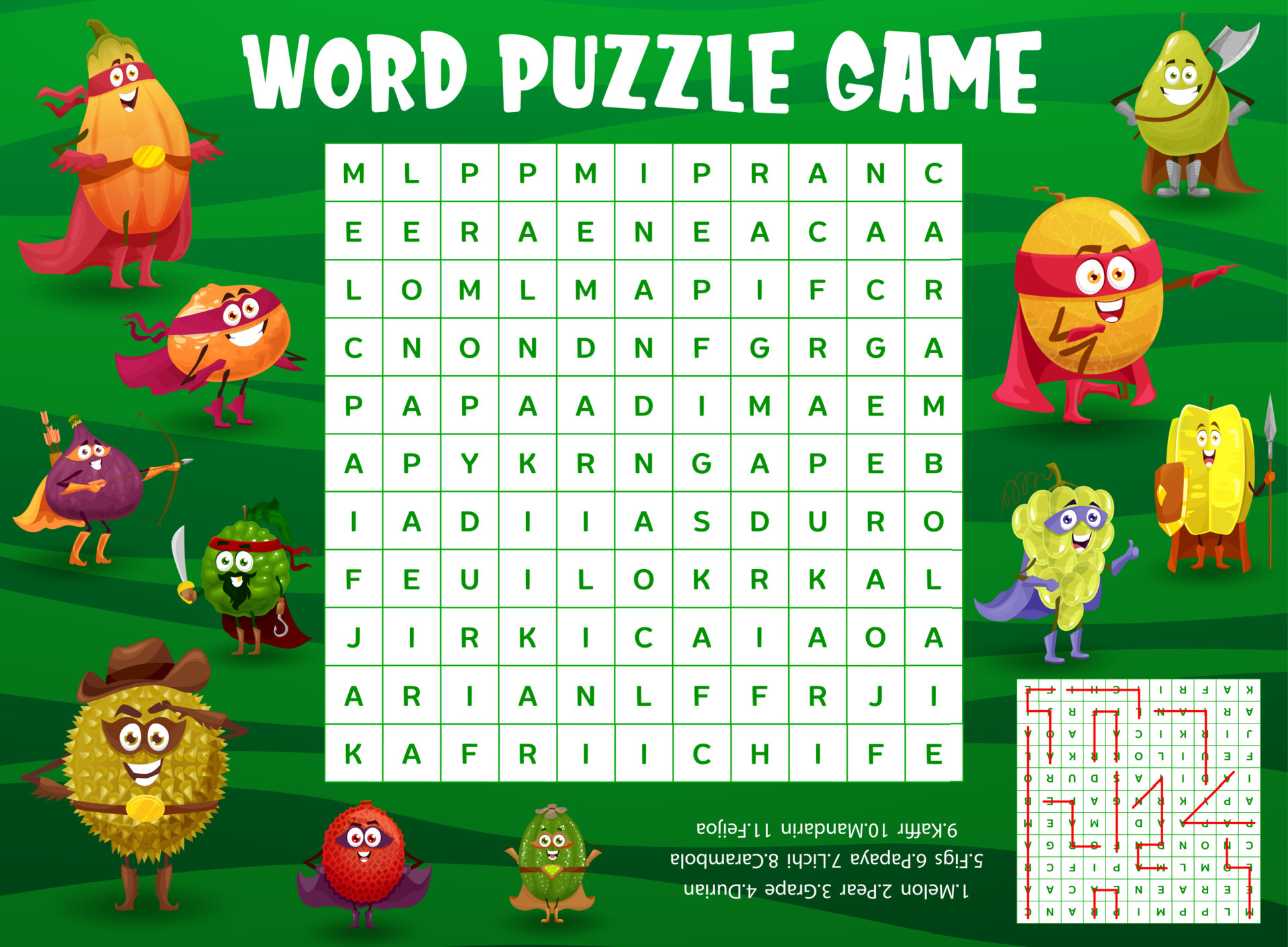 Word puzzle game grid worksheet, superhero fruits 10876692 Vector Art ...