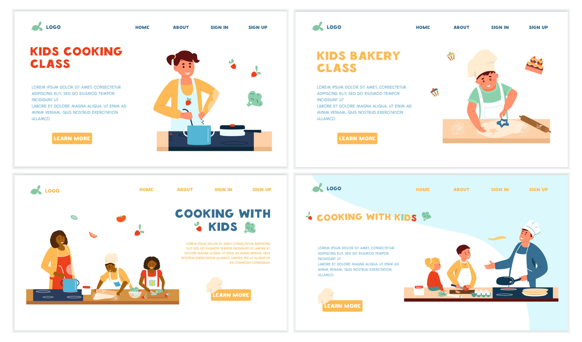 Cooking Kids Class Set Of Website Templates. Adults Cooking With ...