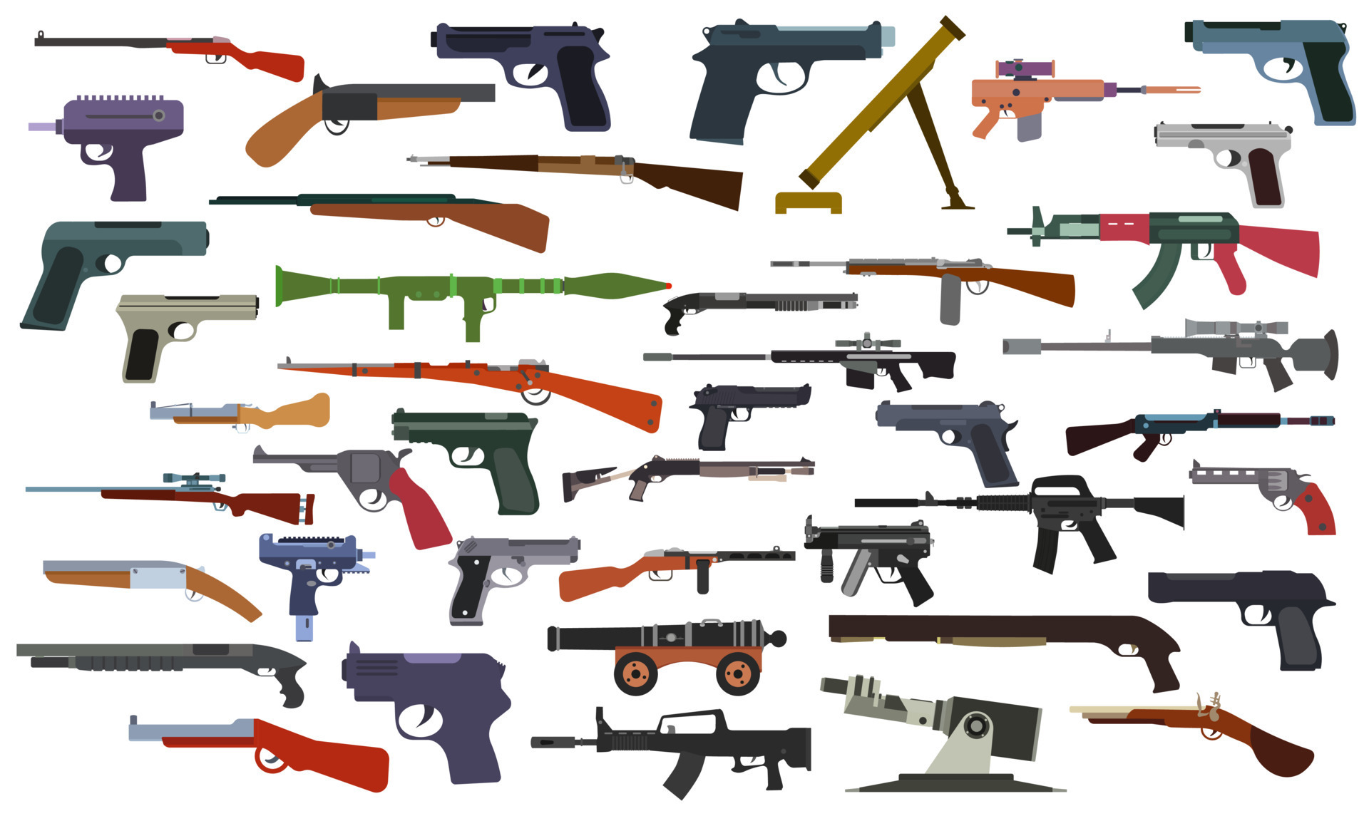 Gun Set Army Weapon And Handgun Danger Pistol Icon Isolated War Protection Firearm Silhouette