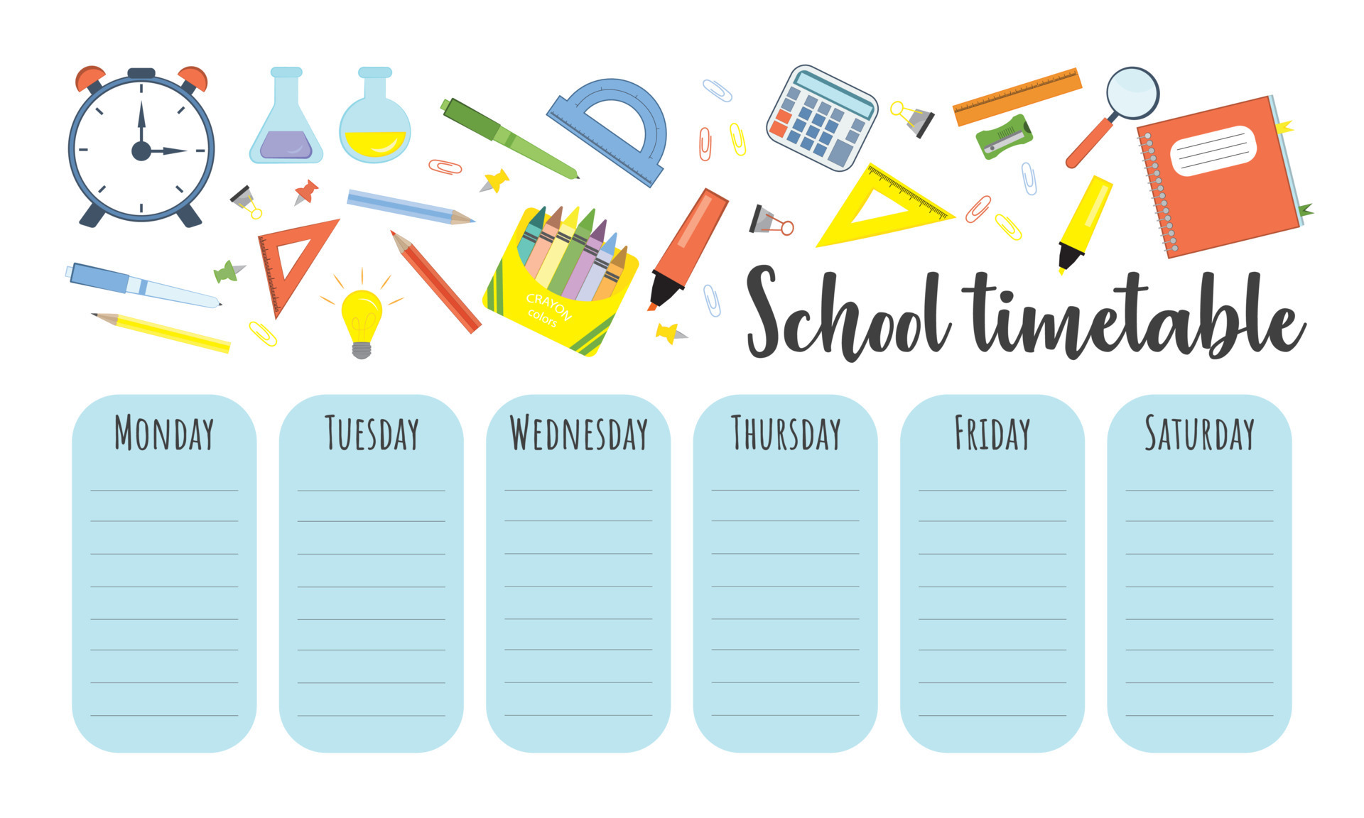 School timetable, weekly classes schedule for students or pupils ...