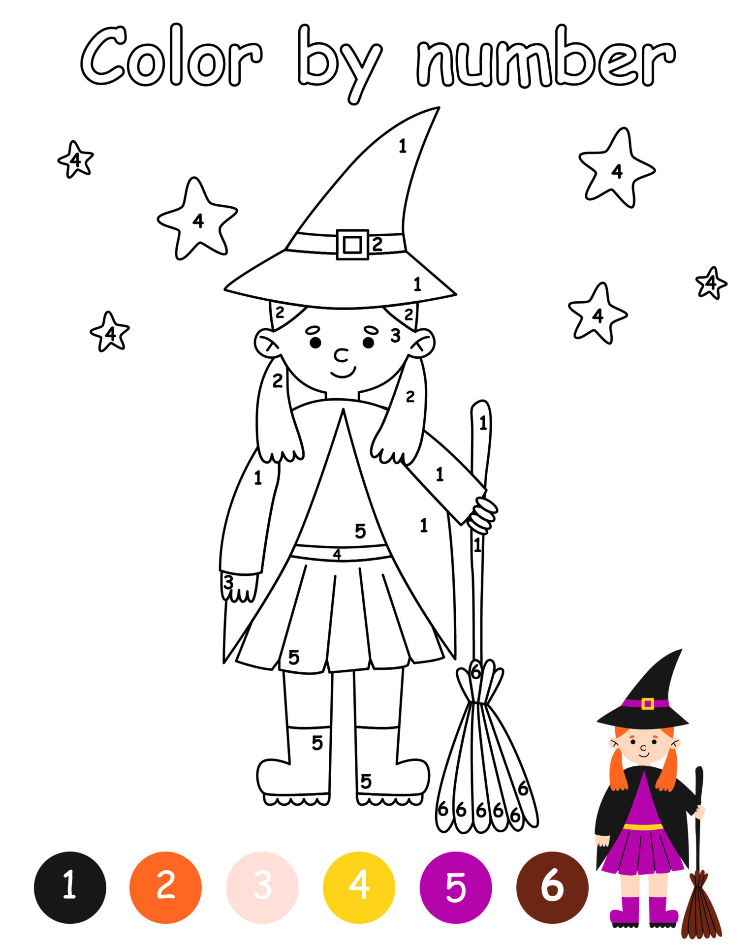 Color By Number Game For Kids Children In Costume Witch Halloween color-by-number-game-for-kids-children-in-costume-witch-halloween