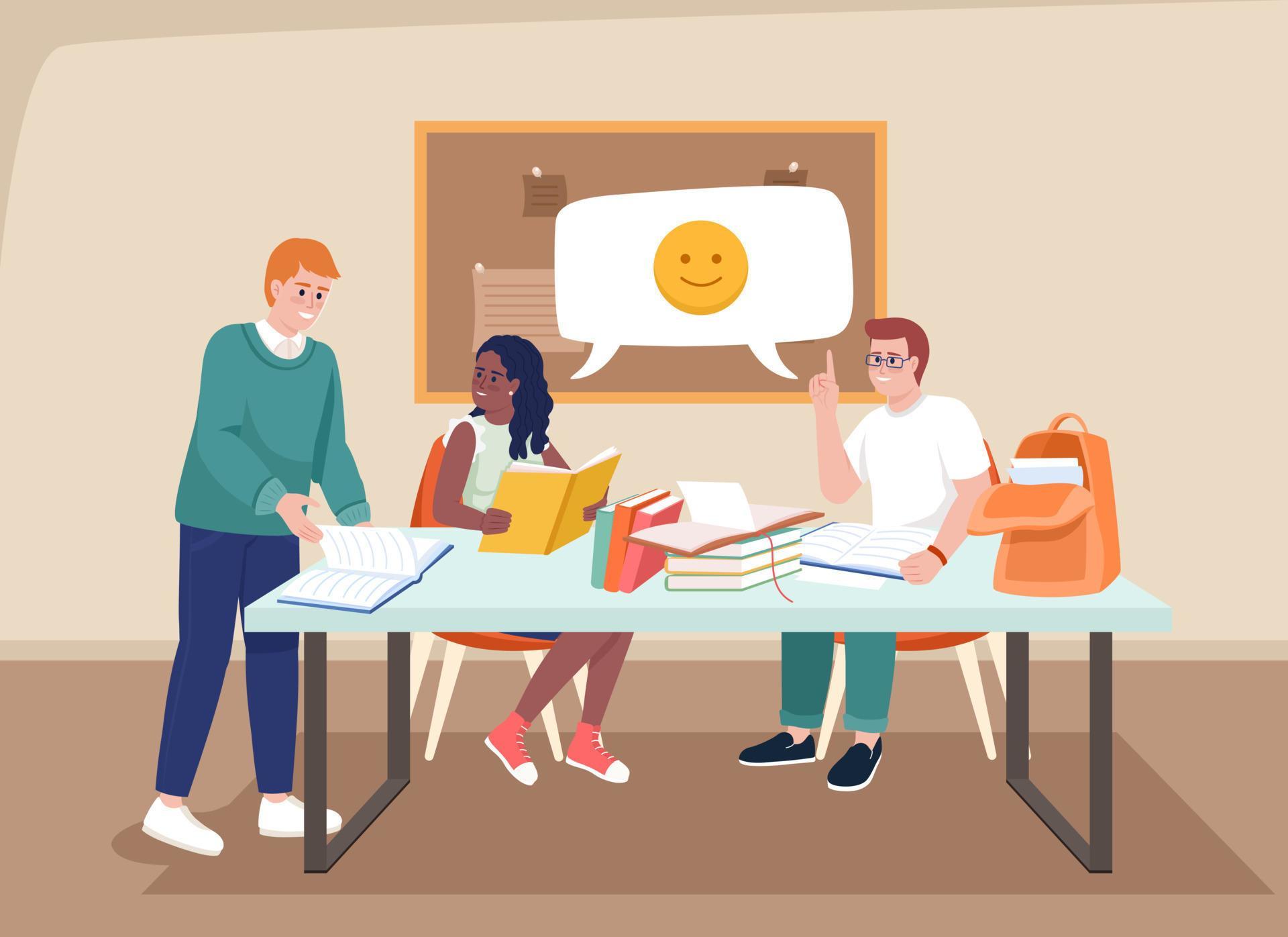 Students working together upon project flat color vector illustration ...