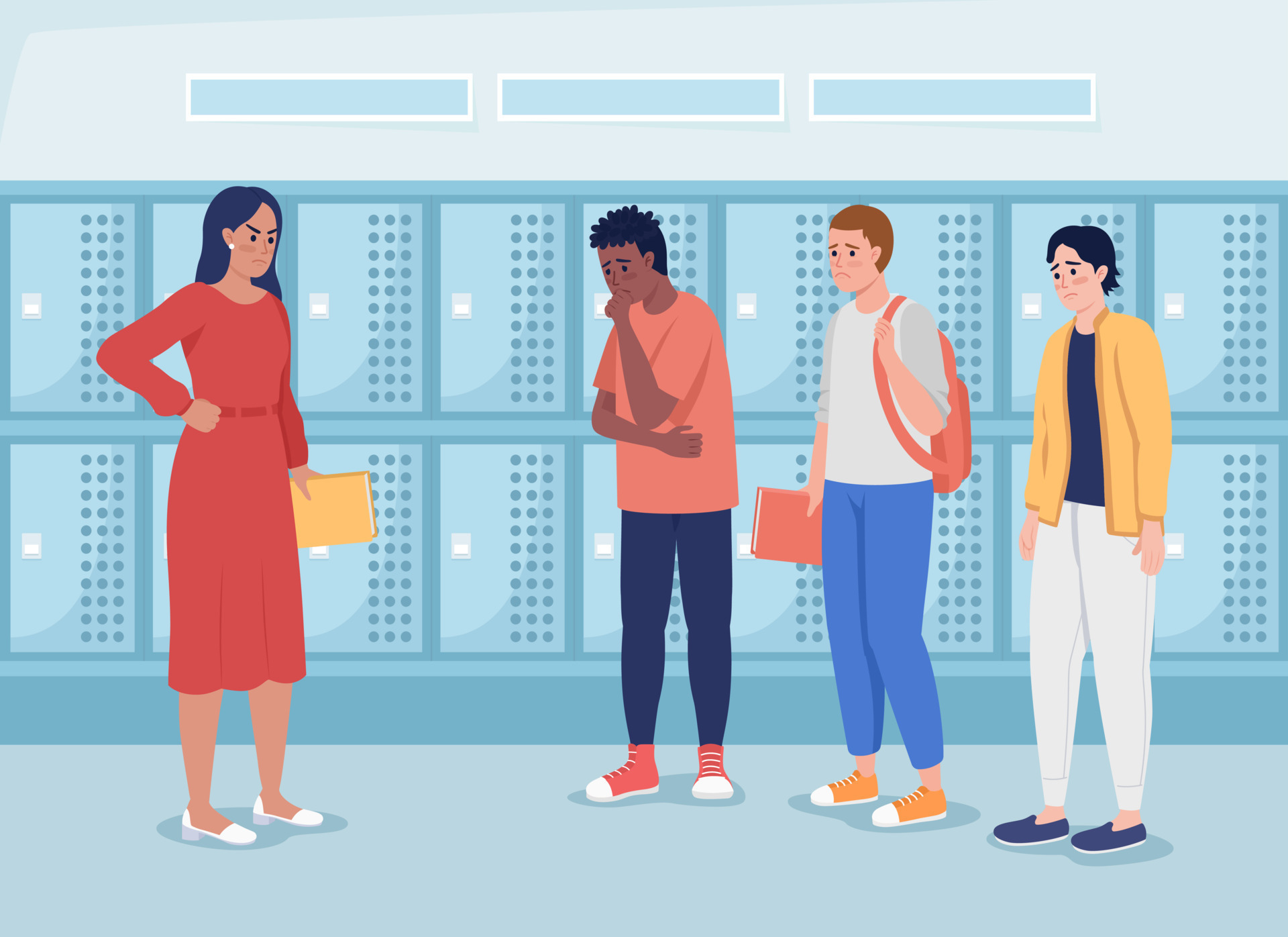 Formidable teacher and upset students flat color vector illustration ... Formidable teacher and upset students flat color vector illustration ...