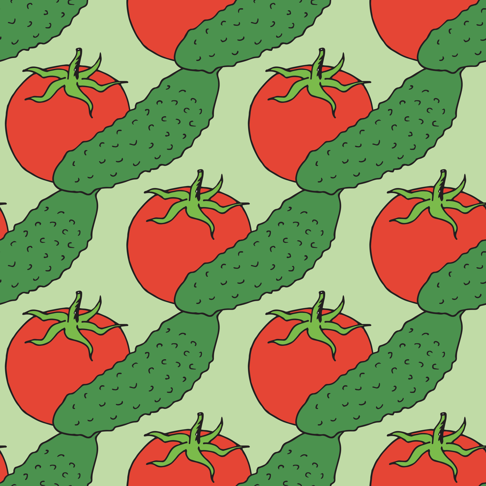 Red tomatoes and green cucumbers on light green background. Seamless background. Endless pattern ...