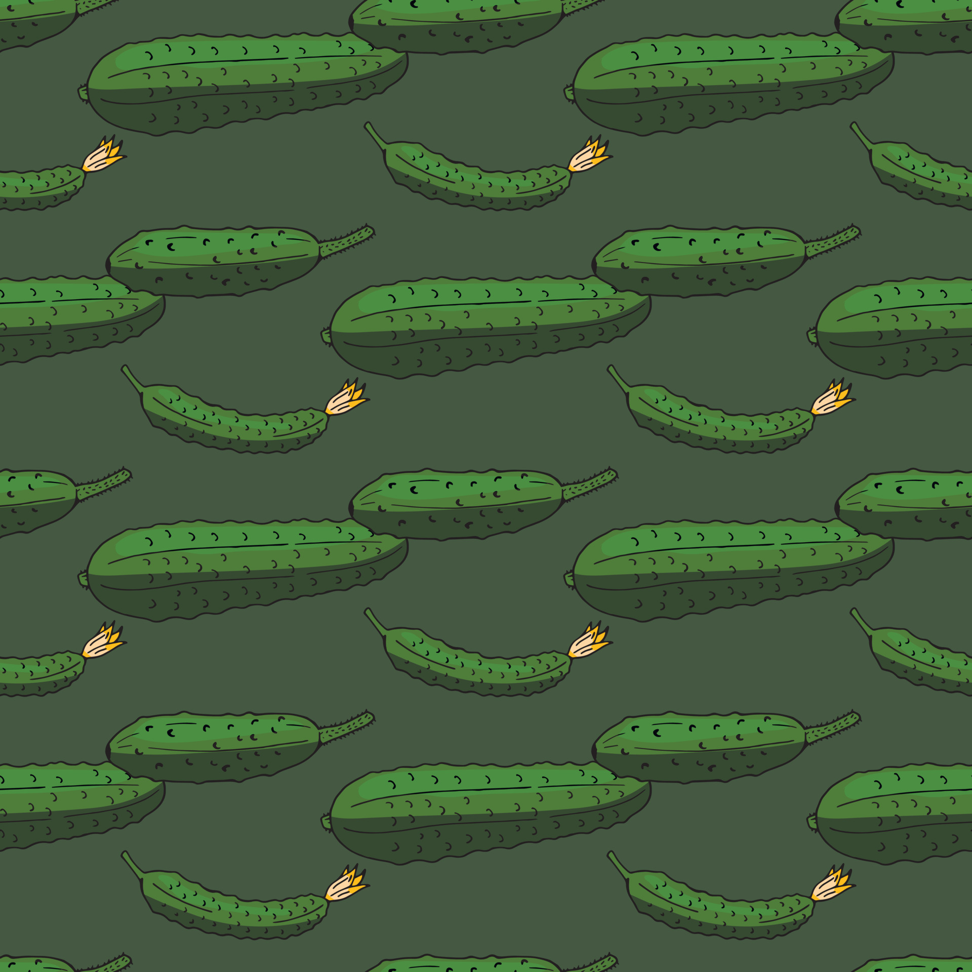 Seamless background with green cucumbers on cozy dark background. Endless pattern for your ...