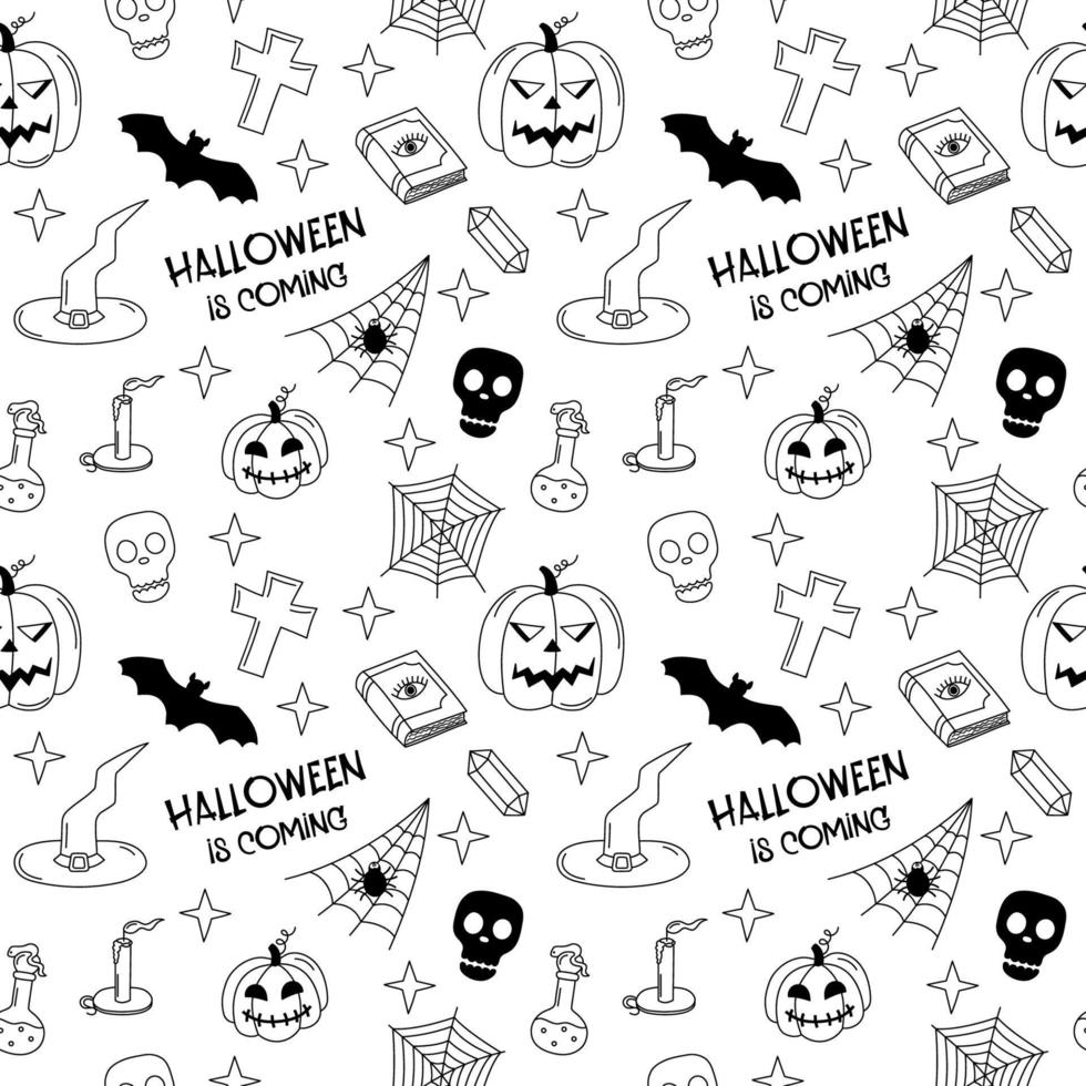 Halloween doodle pattern. Black and white seamless background with ...