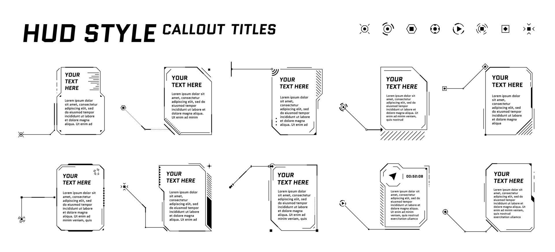 HUD futuristic style callout titles on white background. Infographic call arrow box bars and ...