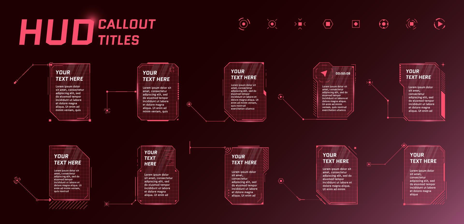 HUD futuristic style callout titles on red background. Infographic call arrow box bars and ...