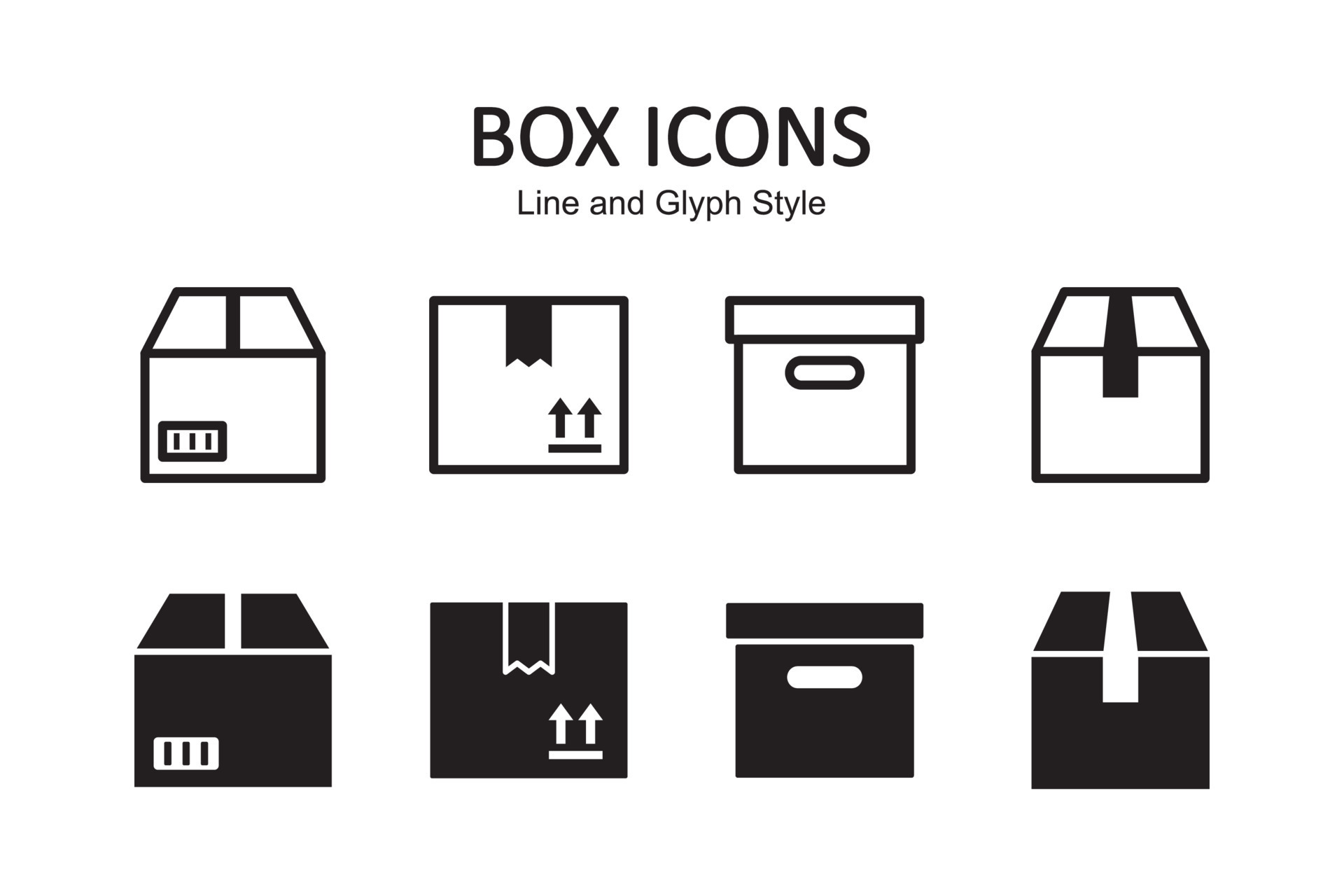 Box icon set. Delivery package, parcel box. Line and flat style design. Vector graphic ...
