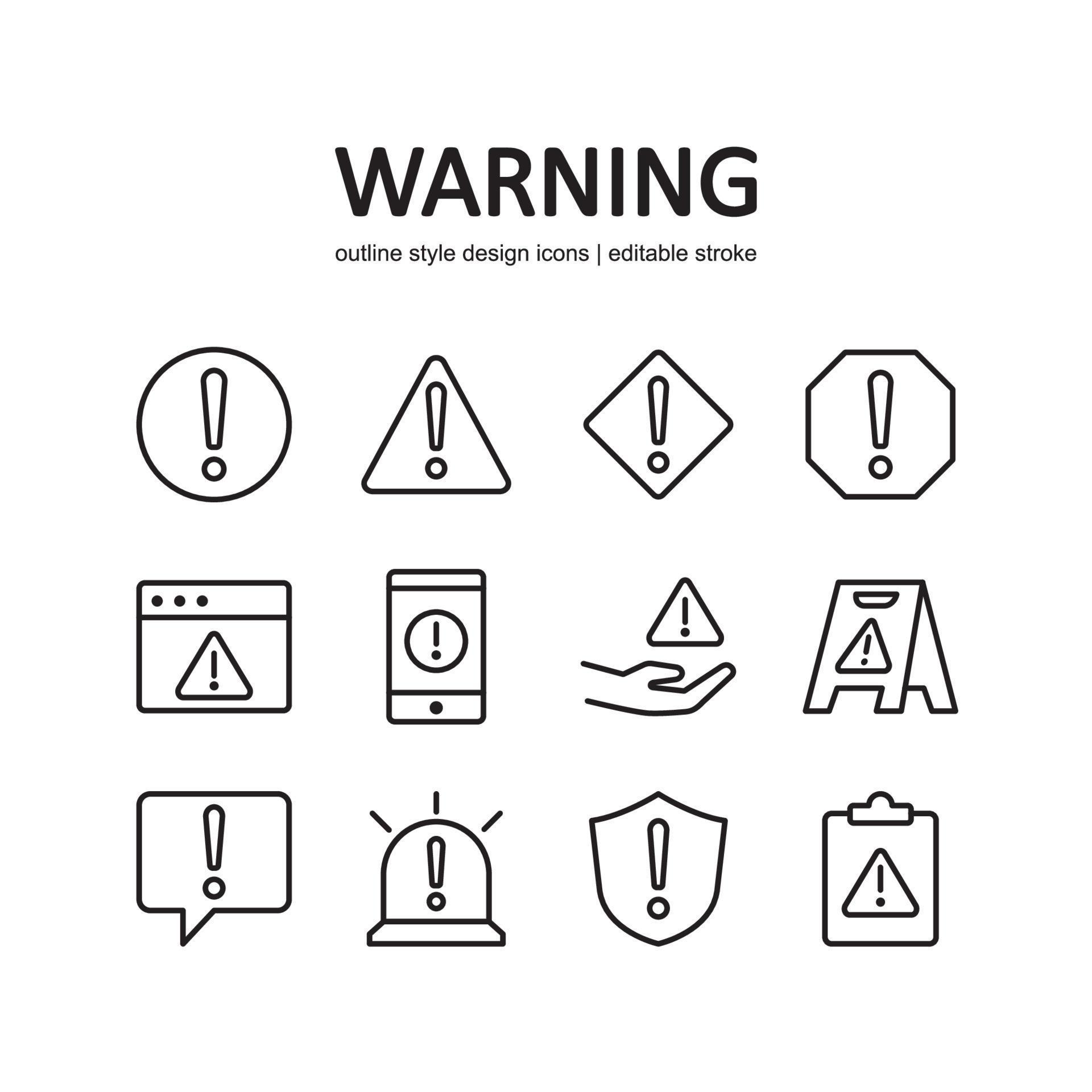 Warning icon set. Contains such Icons as warning sign, exclamation mark ...