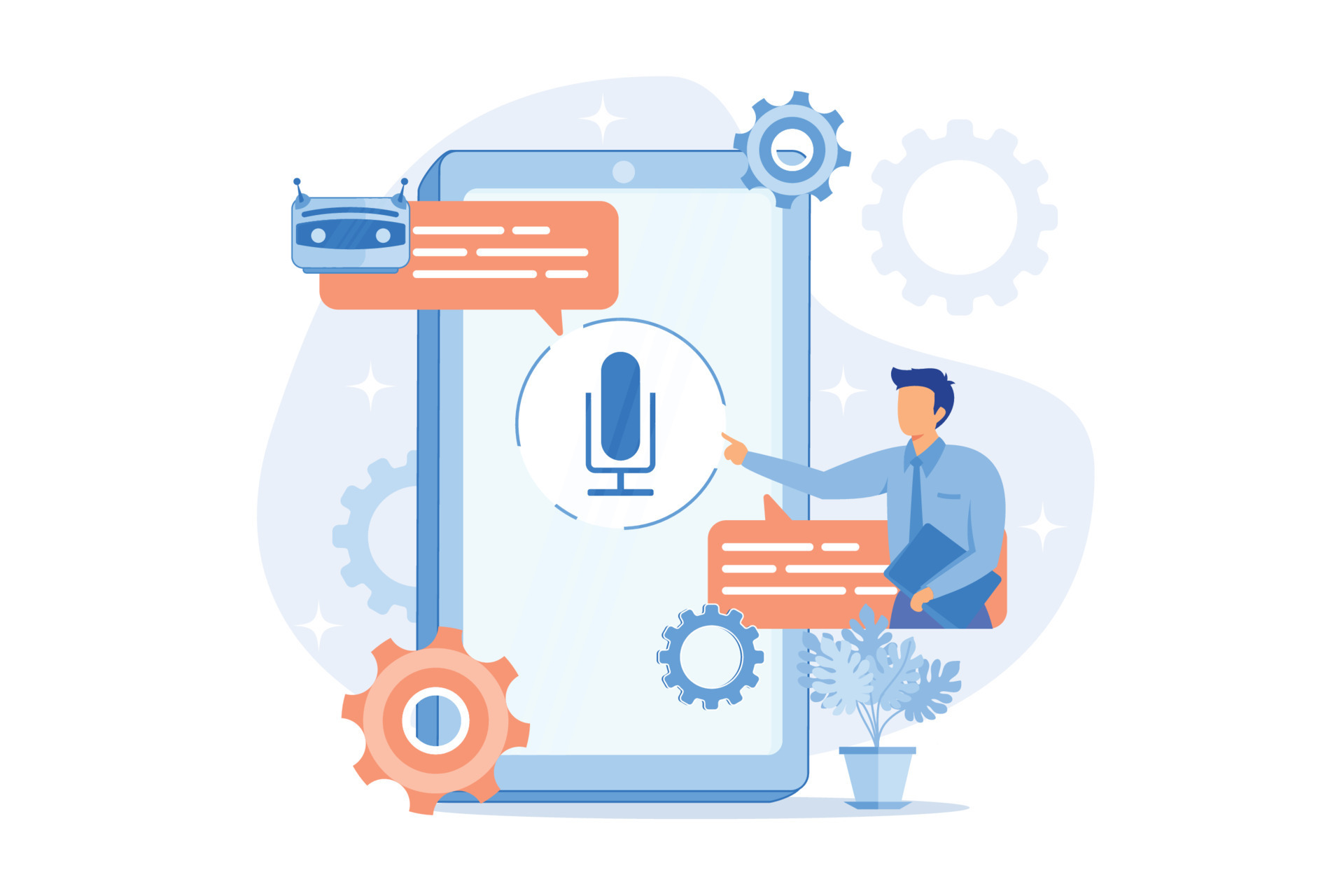 Businessman communicates with chatbot with voice commands. Voice ... Businessman communicates with chatbot with voice commands. Voice ...