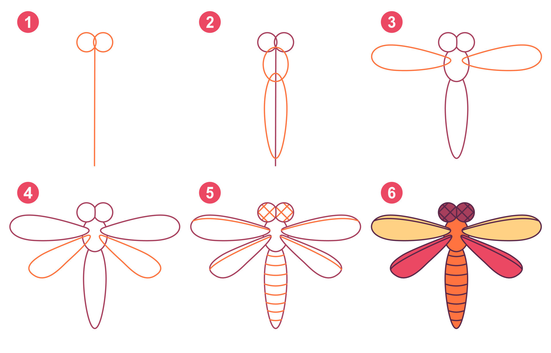 Instructions for drawing cute dragonfly. Follow step by step. Worksheet ...