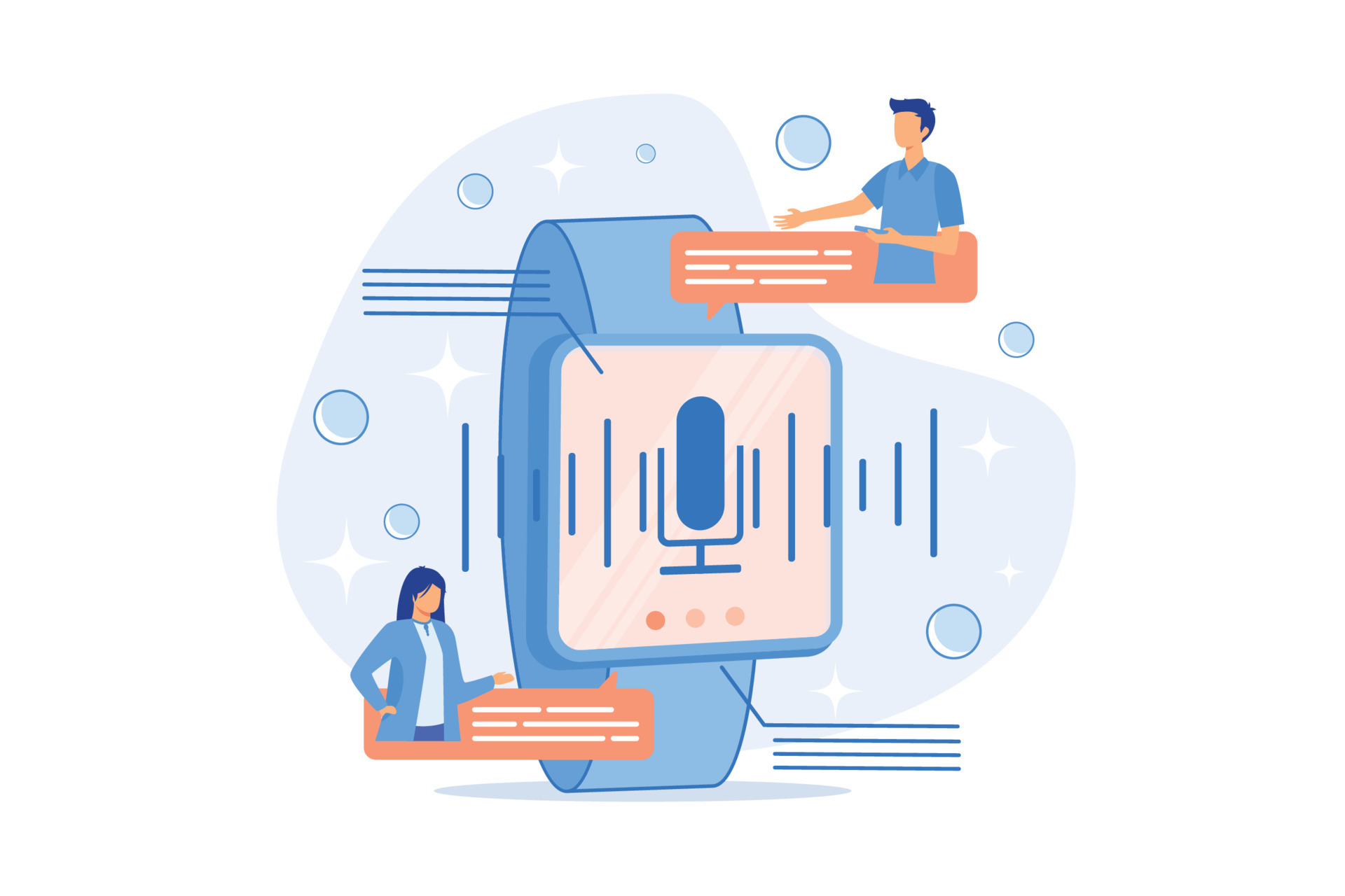 Users translating speech with smartwatch. Digital translator, portable ... Users translating speech with smartwatch. Digital translator, portable ...