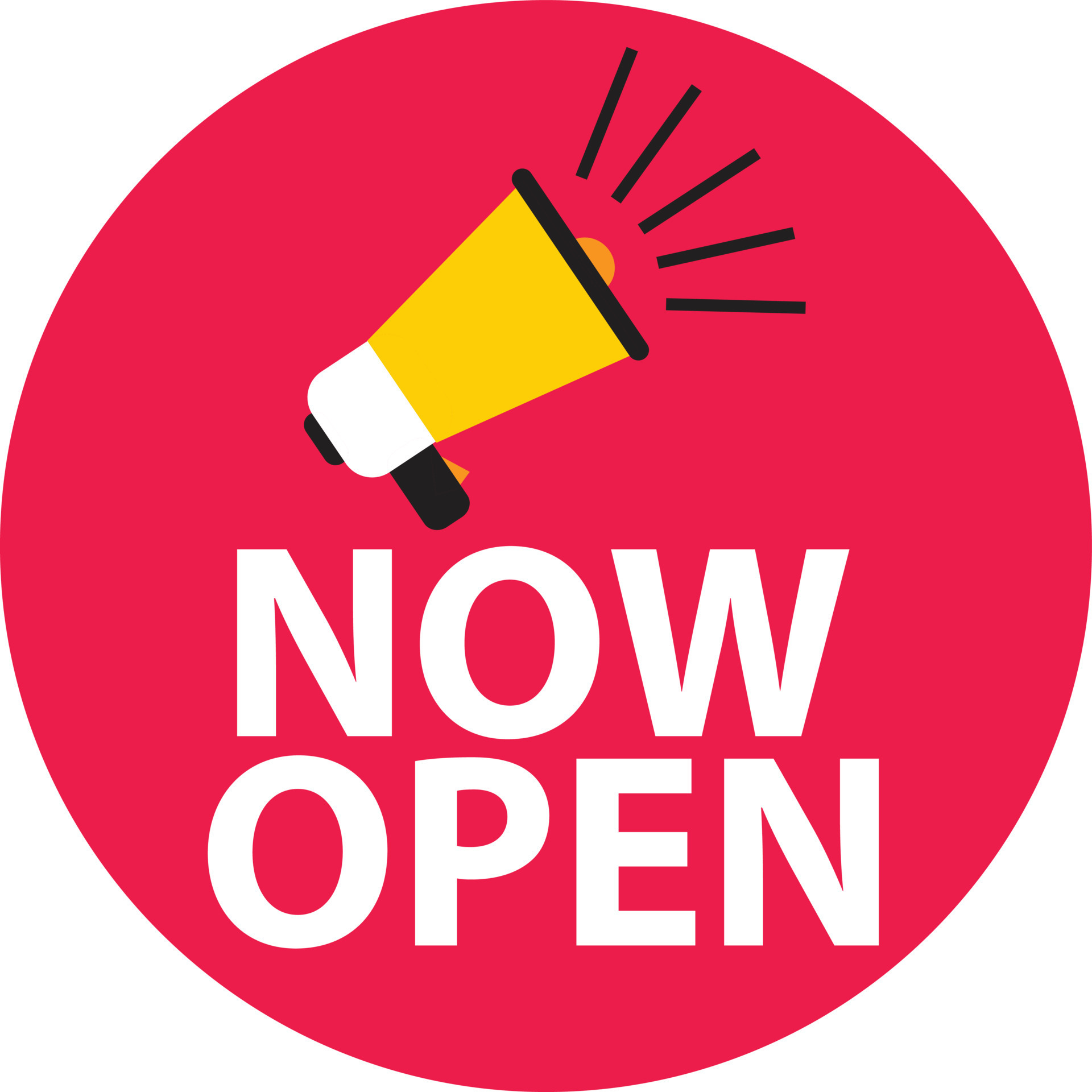 Now open label on white background. Now open banner with the megaphone speaker icon sign. red ...