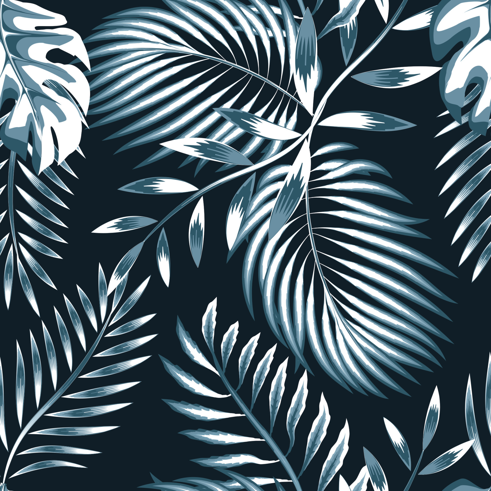 blue monstera palm leaves and fern tropical plant seamless pattern on ...