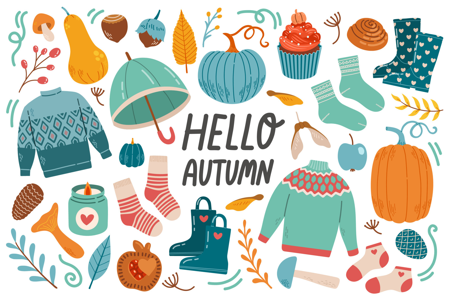 Autumn icons set vector illustration leaves, pumpkins, sweater, cute ...