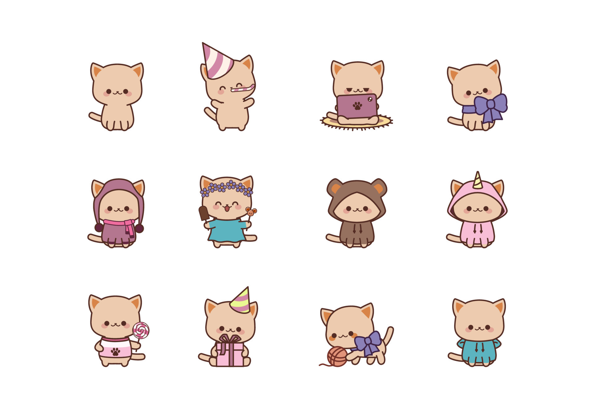 Set Isolated Cute Kitty Kawaii Chibi Style Cat Character Vector Illustration 10933606 Vector