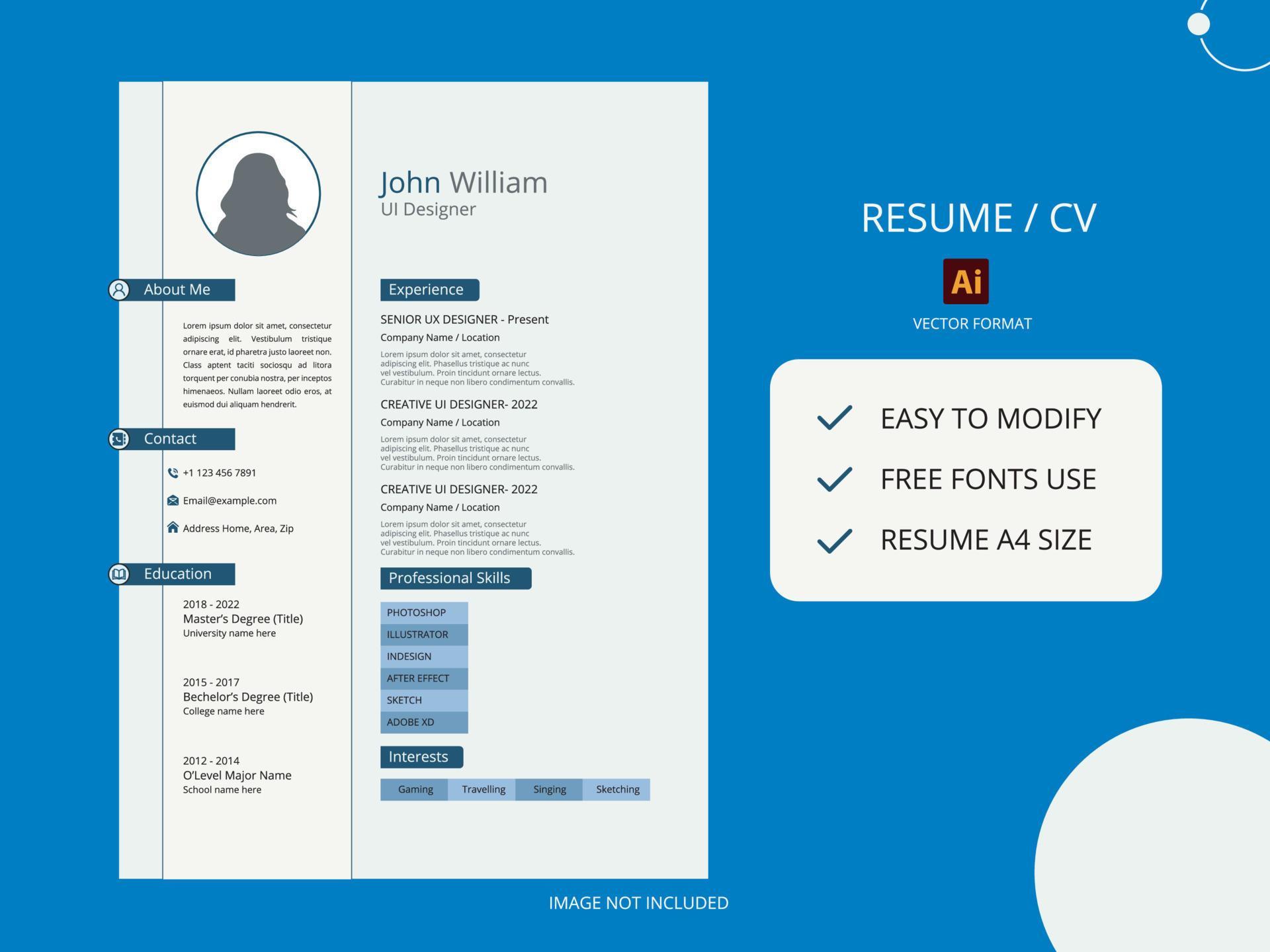 Free resume cv template blue theme curriculum vitae 10942306 Vector Art ...