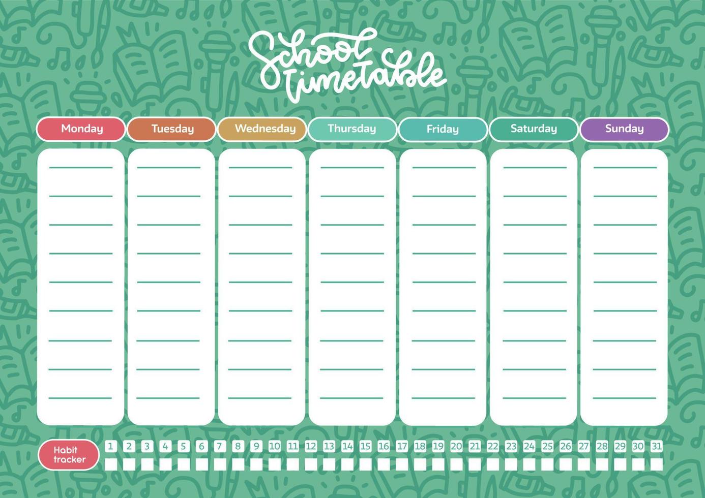 Weekly planner for kids on doodle green chalkboard background with ...
