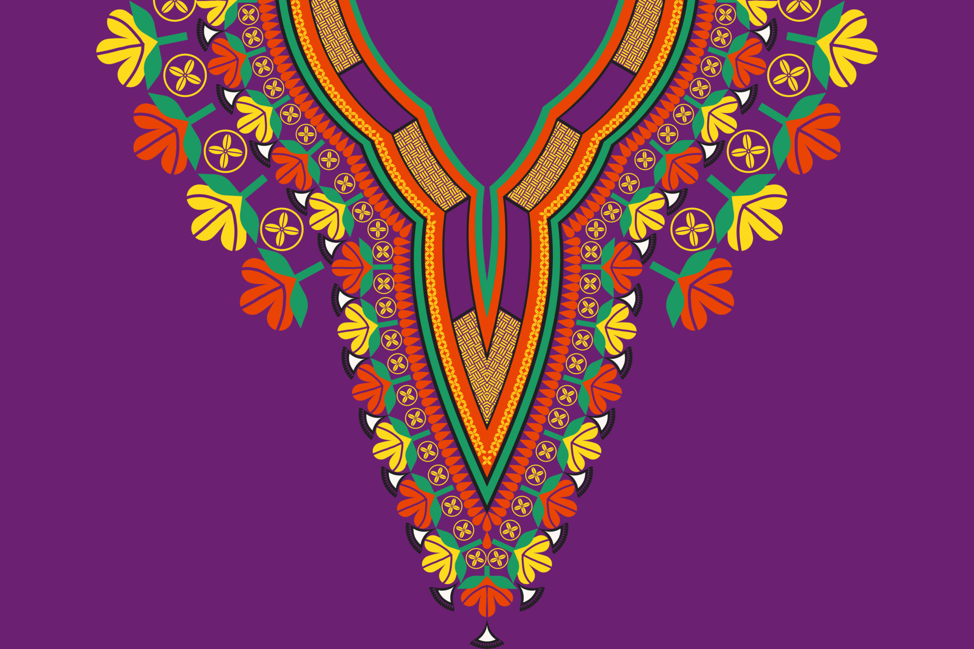African Dashiki Colorful Purple Background Neckline Flower Embroidery