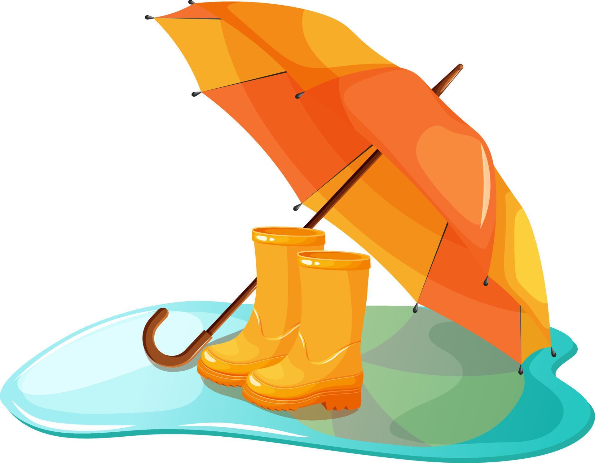 Bright yellow-orange umbrella with yellow rubber boots on puddle. Rainy weather. Umbrella with ...