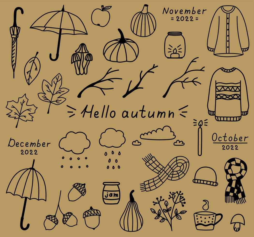 Autumn cozy doodle set. Hand drawn isolated sweaters, branches ...