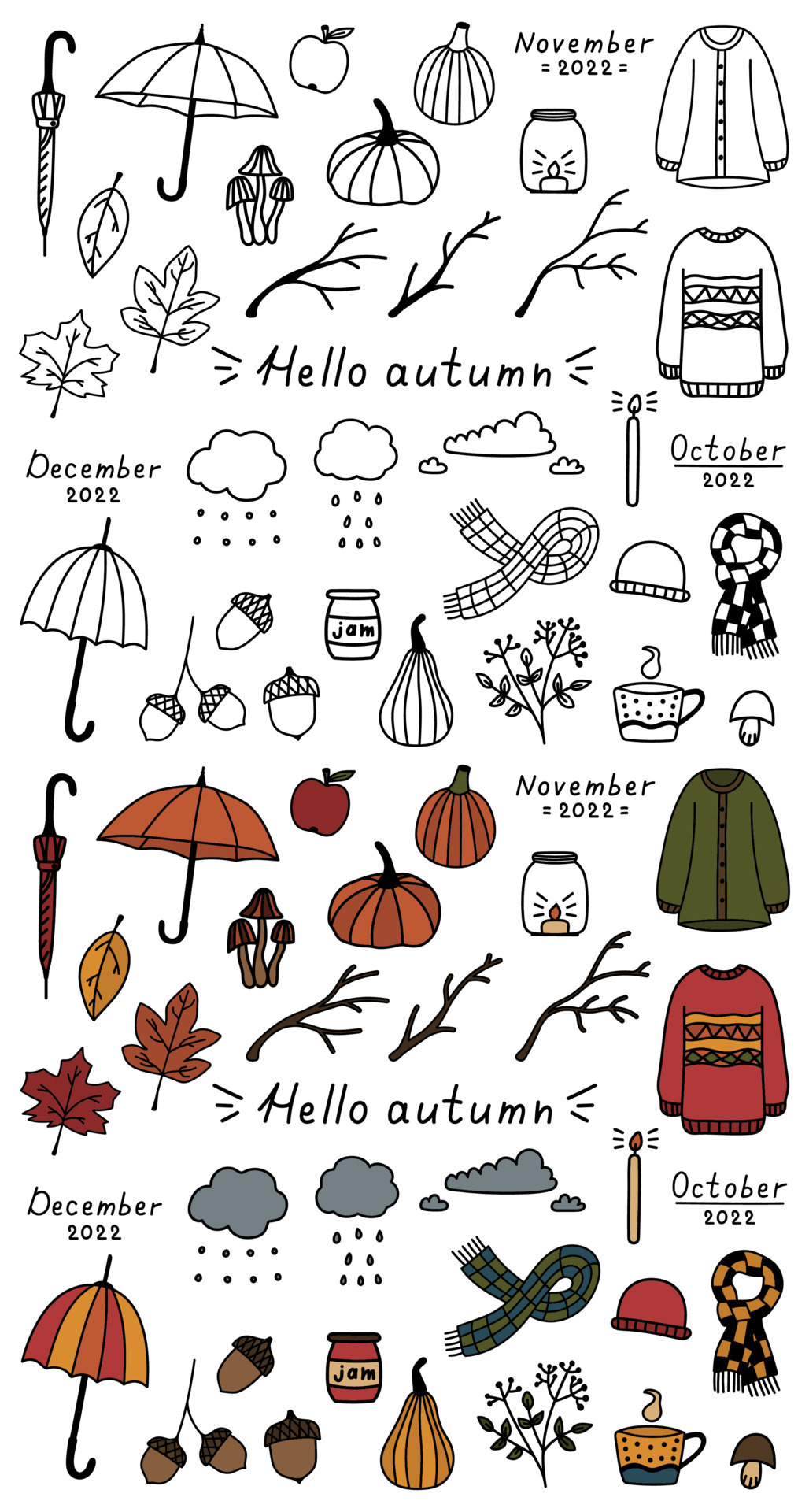 Autumn cozy doodle elements collection. Hand drawn isolated stickers ...