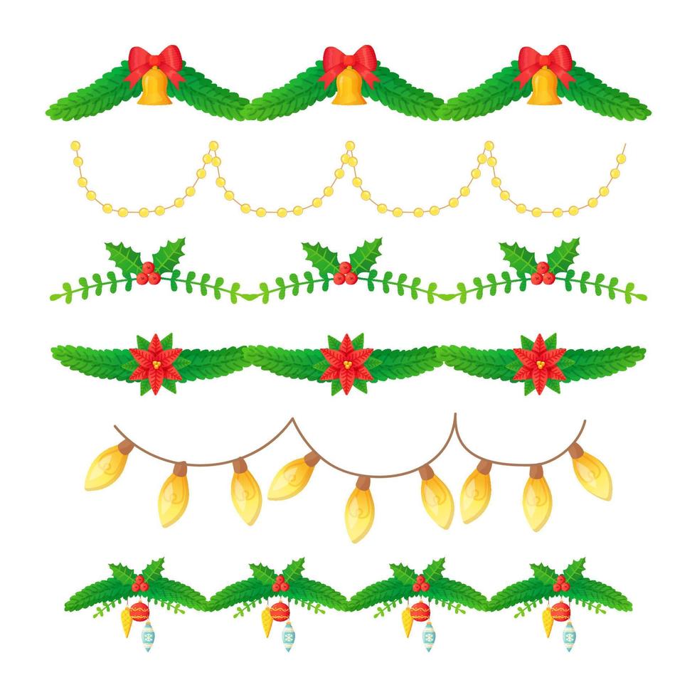 Christmas ornate garland set. Fir branch with christmas balls, bows ... Christmas ornate garland set. Fir branch with christmas balls, bows ...