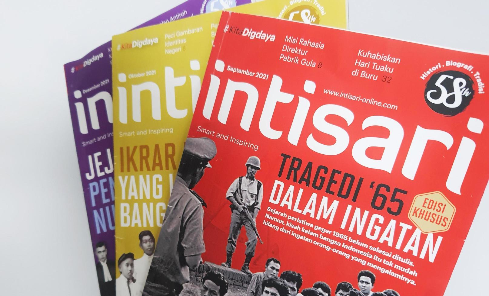 West Java on July 2022. Photo of some Intisari magazines. Intisari is the name of a monthly ...