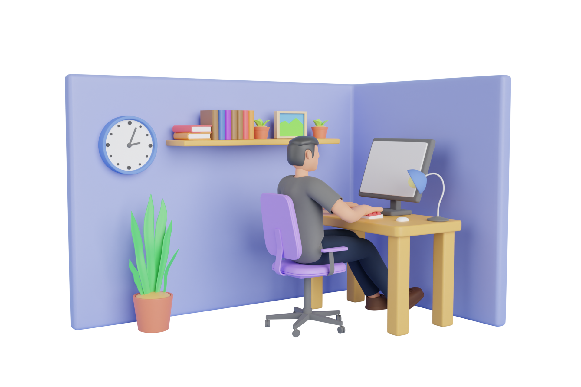 3d Man Sitting In Front Of Laptop Man Work On Computer Employee In A