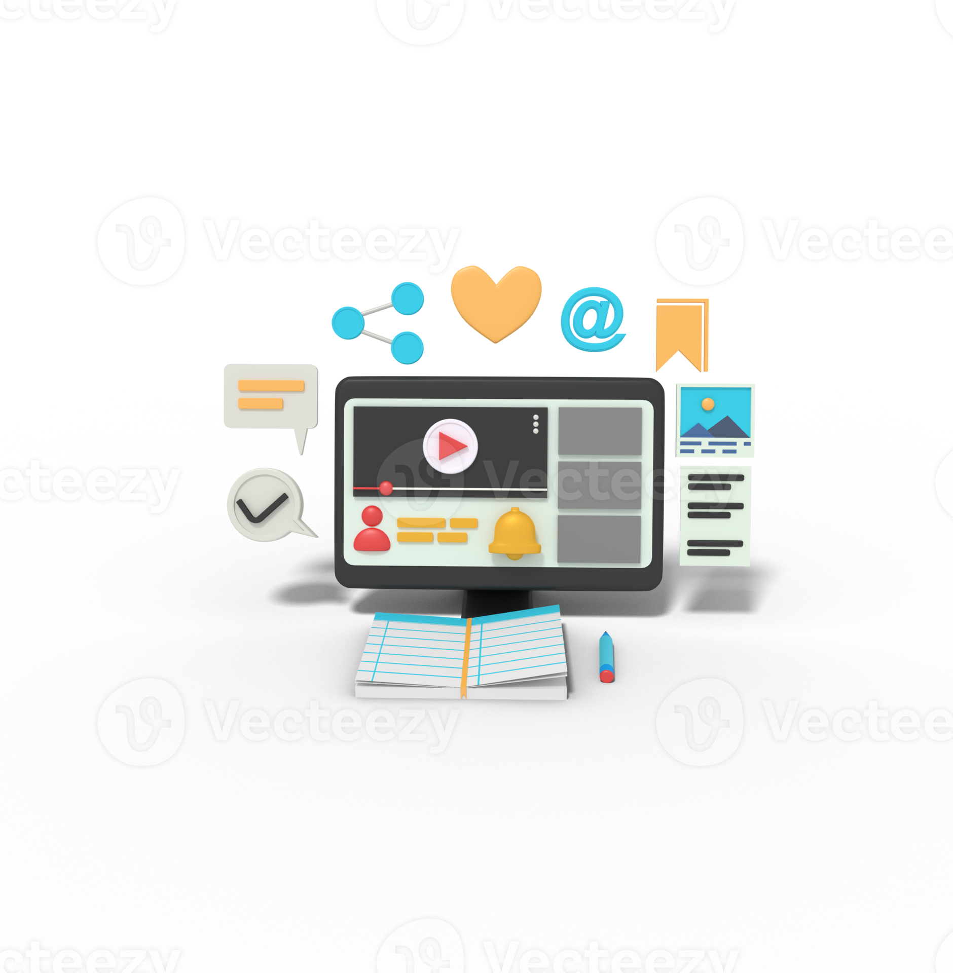 3d Illustration of learn video tutorials on computer online 10986883 PNG