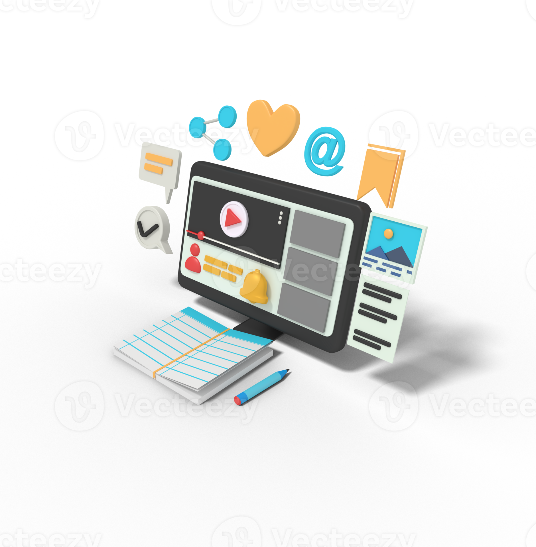 3d Illustration of learn video tutorials on computer online 10987015 PNG