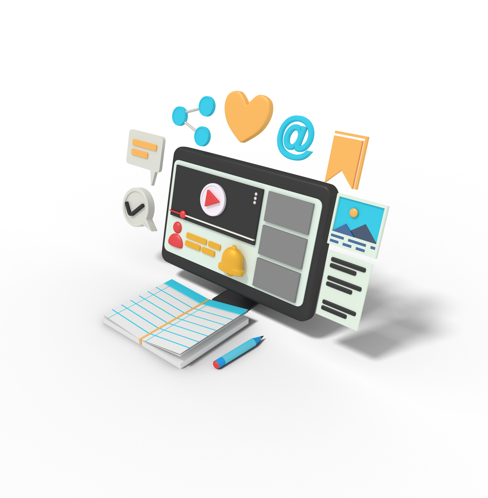 Ilustração 3D de tutoriais em vídeo de aprendizagem no computador ... Ilustração 3D de tutoriais em vídeo de aprendizagem no computador ...